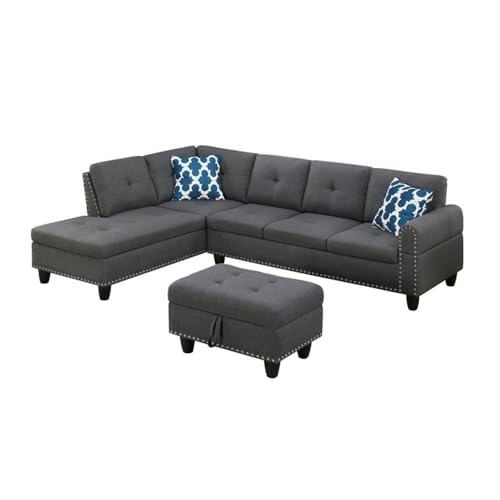 Devion Furniture Polyester Fabric Sectional Sofa with Lift-top Storage Ottoman, Tufted Design, in Gray Finish