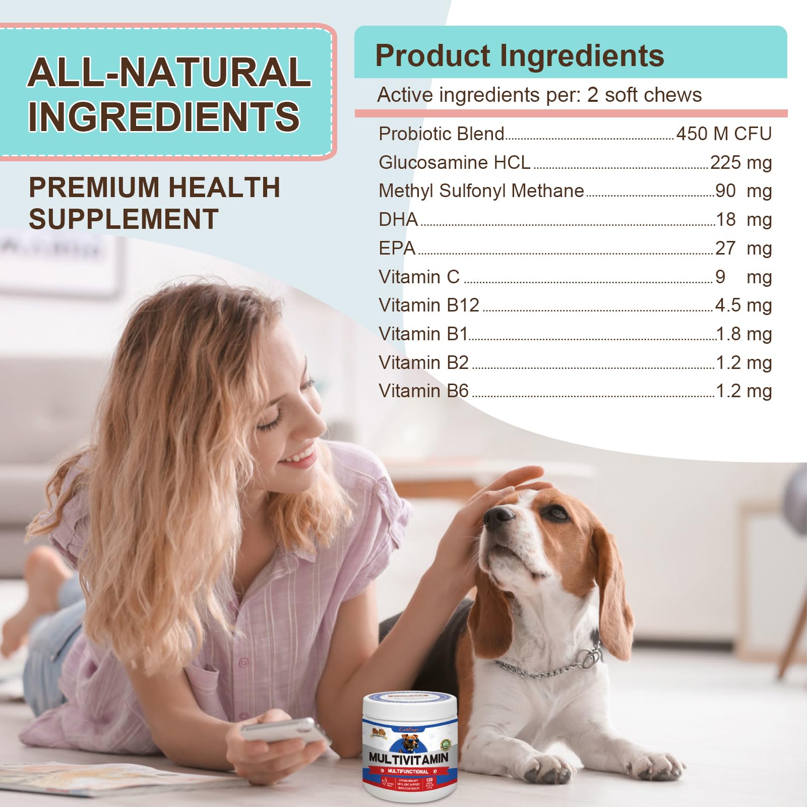 ColEaze Dog Multivitamin Supplement, 5 Essential Vitamins Treats for Dogs, Glucosamine for Joint Support (Chicken Flavor 120 ct)