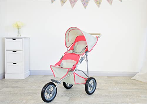KOOKAMUNGA KIDS Baby Doll Stroller Deluxe Double | Foldable Twin Jog Pram | Retractable Canopy | Premium Pink & Gray Fabric | Soft Grip Handle | Storage Basket Underneath