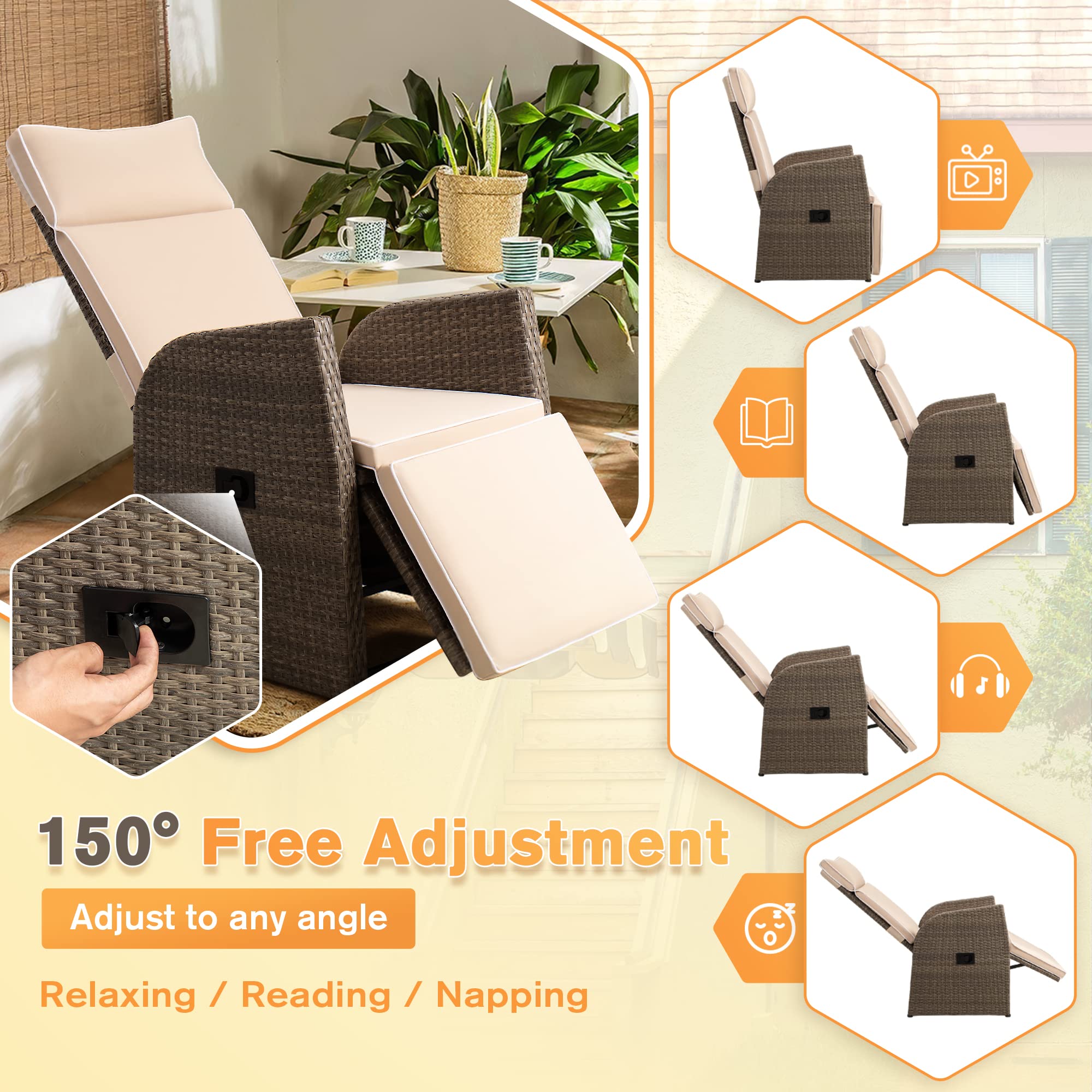 Devoko Outdoor Indoor Recliner Chair 2 Pieces Adjustable PE Wicker Patio Reclining Lounge Chair Lawn Furniture for Backyard, Lawn