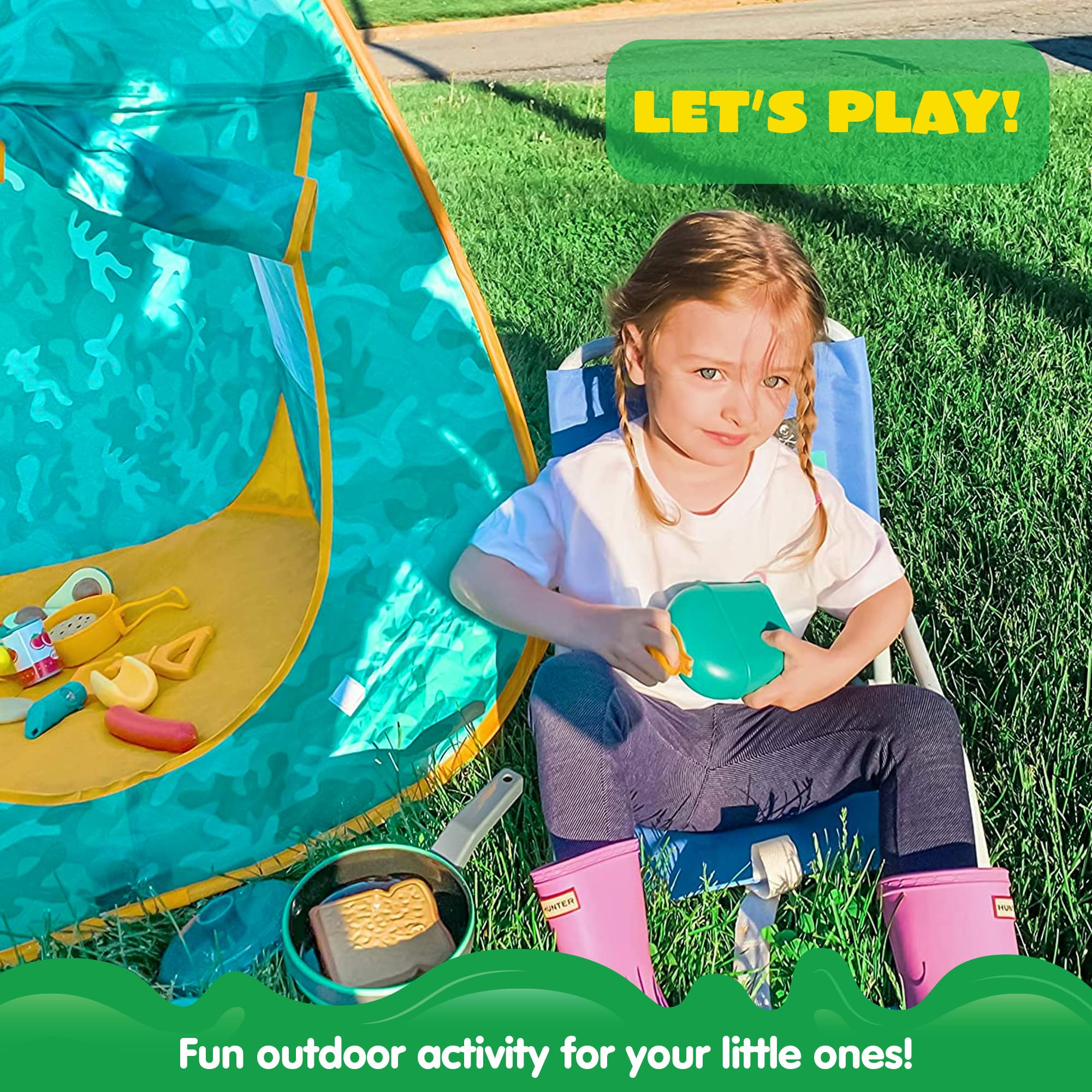 JOYIN 41Pcs Kids Camping Tent Set with Kids Camping Gear, Camping Set Includes Kids Tent, Oil Lantern, Food Toys, Binoculars, Flashlights, Compass and More, Pretend Play Camp Gear Tools for Christmas