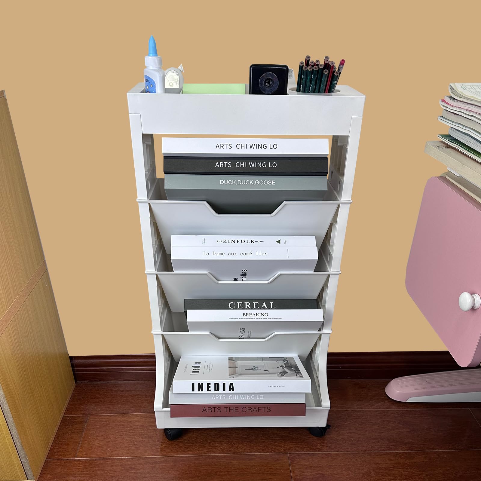 Drcoevo 5 Tier Rolling Book Utility Cart, Removable Movable Bookshelf Organizer with Wheels, Storage Book Shelves, Book Rack, Mobile White Bookcase for Study in Classroom Home School Office