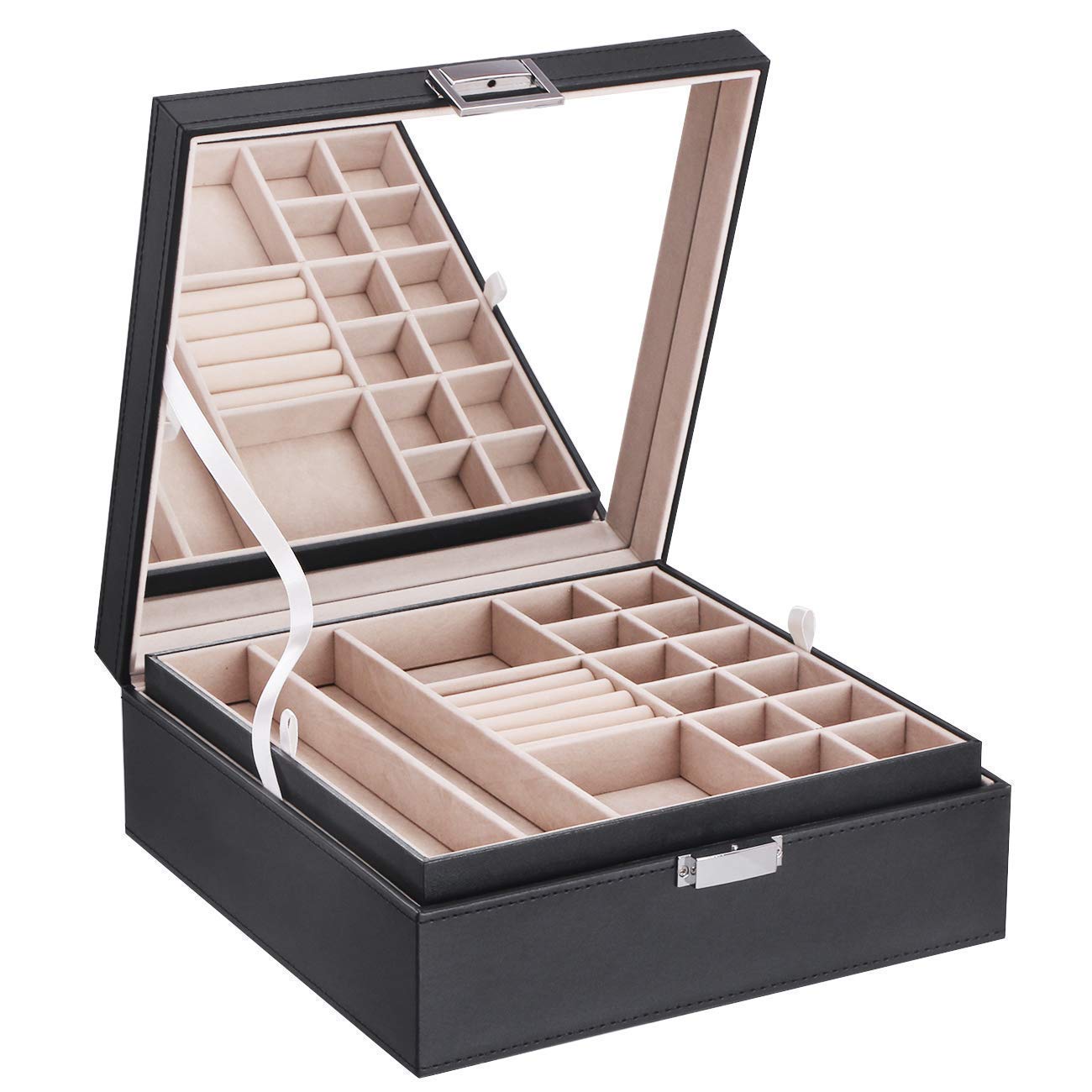 BEWISHOME Jewelry Box Organizer 40 Section Display Tray Jewelry Box for Women 35 Compartments Jewelry Organizer Black