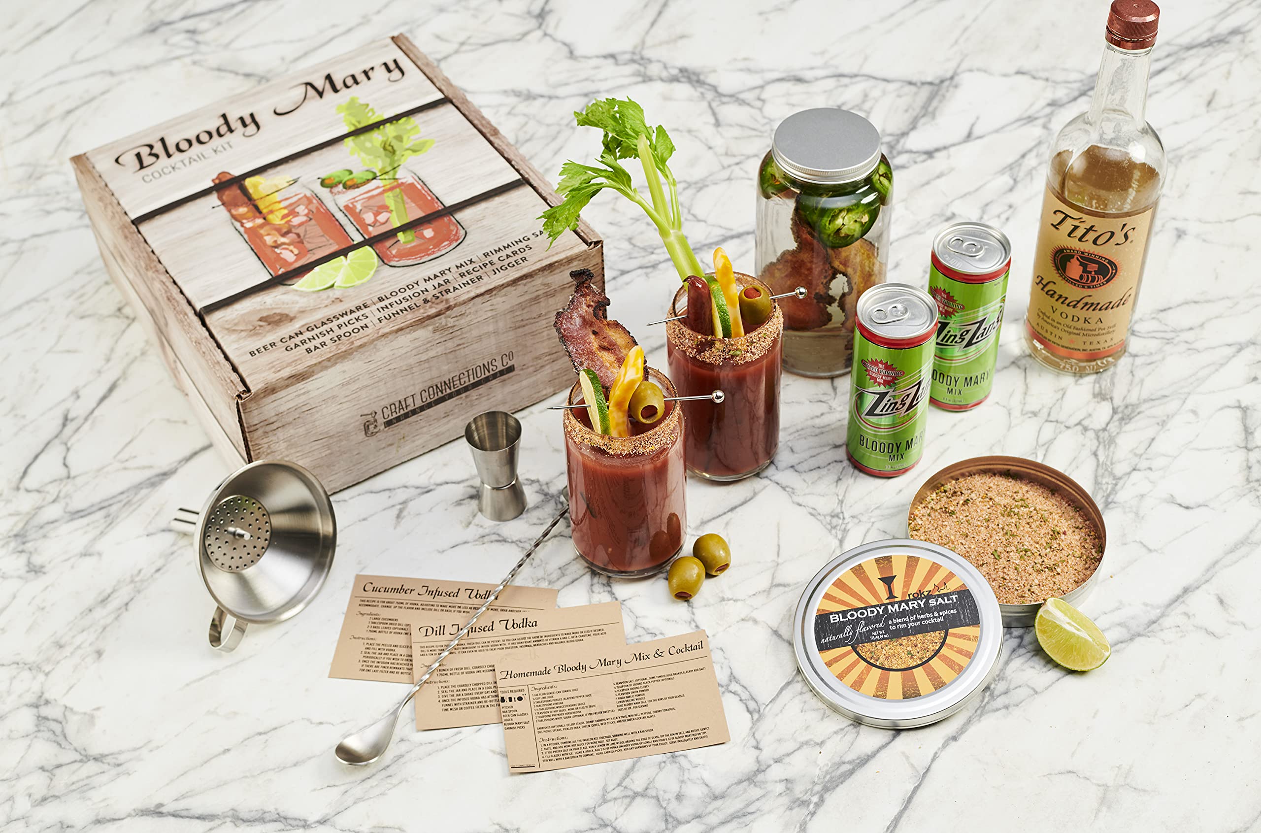 Bloody Mary Cocktail Kit: 16 oz Beer Can Drinking Glass Set | Zing Zang Bloody Mary Mix | Rokz Salt Tin | Infusion Jar | Bar Spoon | Jigger | Garnish Picks | Recipe Cards