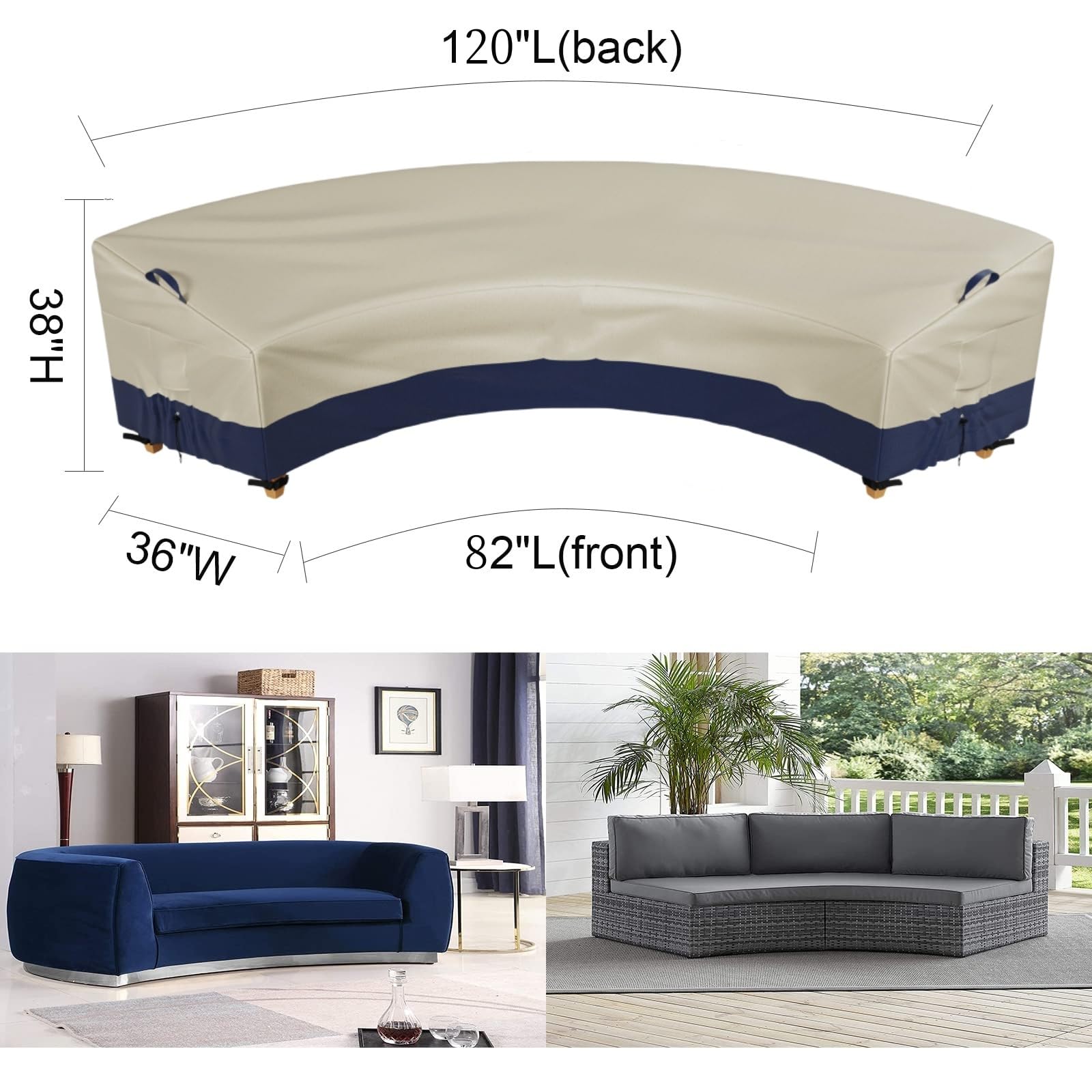 DUSTYPROTE Curved Sofa Cover,Outdoor Couch Cover 600D,Outdoor Sectional Covers Waterproof 120" L(Back)/82" L(Front) x 36" D x 38" H, Khaki with Dark Blue, Cover Only
