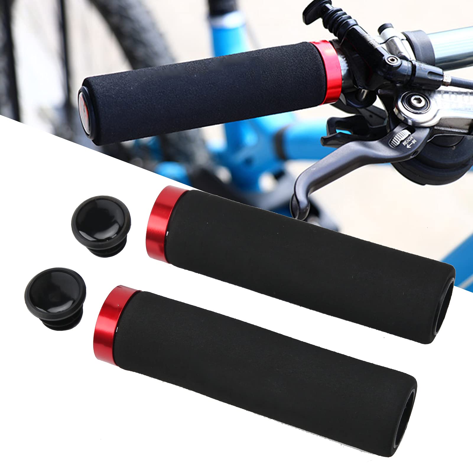 Bike Handle Grips Sponge Comfortable with Aluminum Alloy Lock Bike Grips Tool Cycling Accessory (Black red)