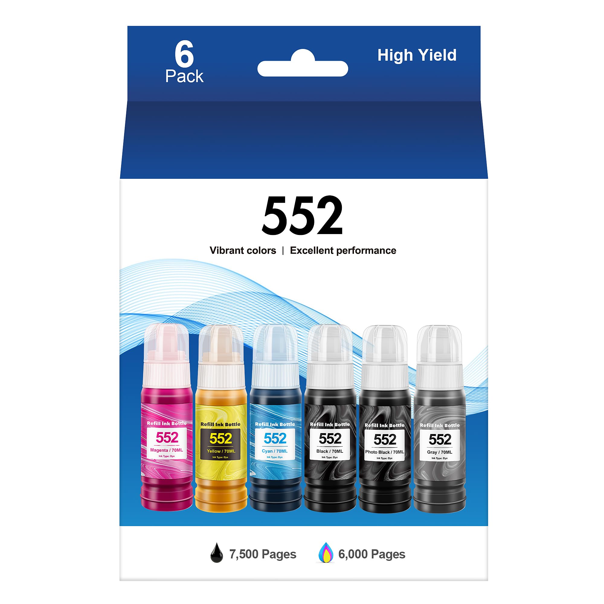 ecodot 552 Pigment Ink Refill Ink Bottle Replacement for Epson 552 Ink Used for EcoTank Photo ET-8500, ET-8550 Printer (1 Photo Black, 1 Black, 1 Cyan, 1 Magenta, 1 Yellow, 1 Grey, 6-Pack)