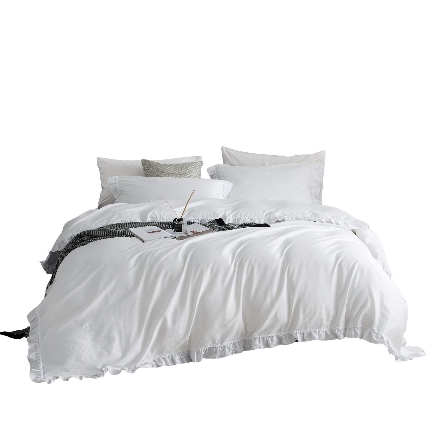 Dolce Mela Kink Size, Luscious 6 Piece Duvet Cover Set with Beautiful Ruffle Edge, 100% Long Staple Combed Cotton, Hypoallergenic, All-Season, White, DM807K