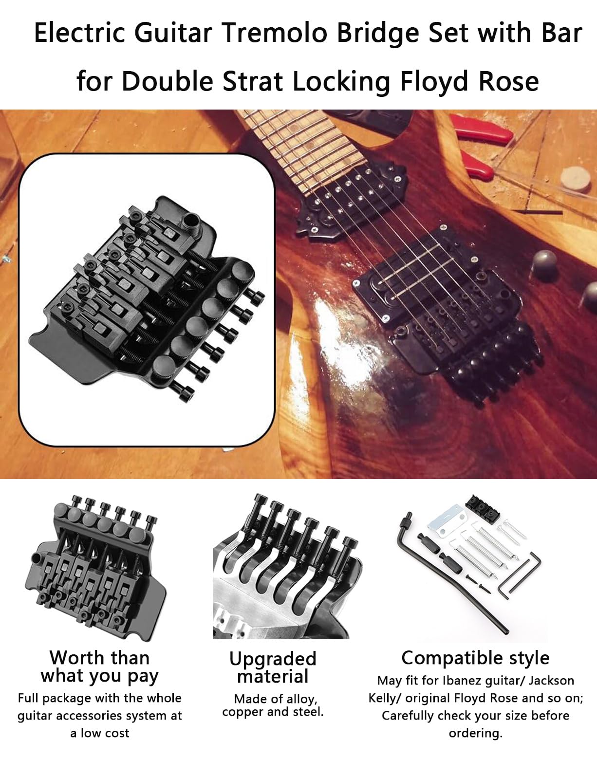 Black Electric Guitar Tremolo Bridge with Bar Double Strat Locking for Floyd Rose Type