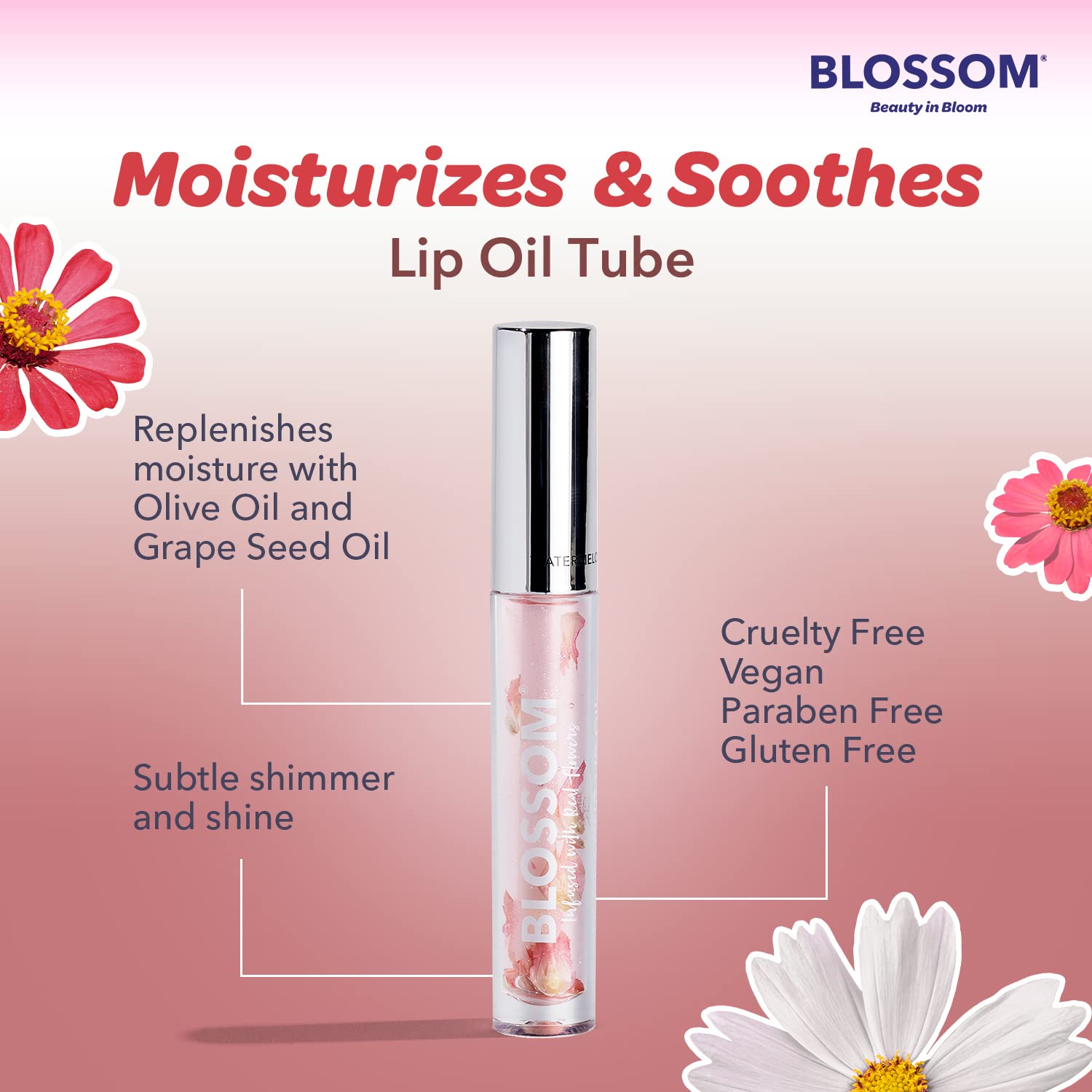 Blossom Moisturizing and Hydrating Shimmer Sparkle Lip Oil with Olive Oil + Grape Seed Oil, Infused with Real Flowers, 3g, Watermelon