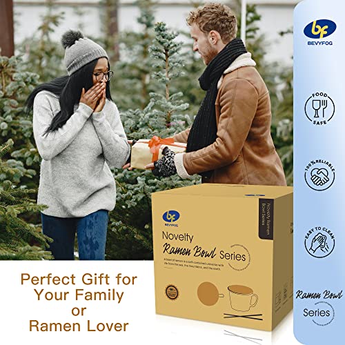 BF BEVYFOG Ramen Bowl Set with Chopsticks 32 OZ Large Ceramic Instant Ramen Noodle Bowls with Lid Gift Wrap Cute Japanese Soup Bowl with Handle, Microwave Safe (Blue)