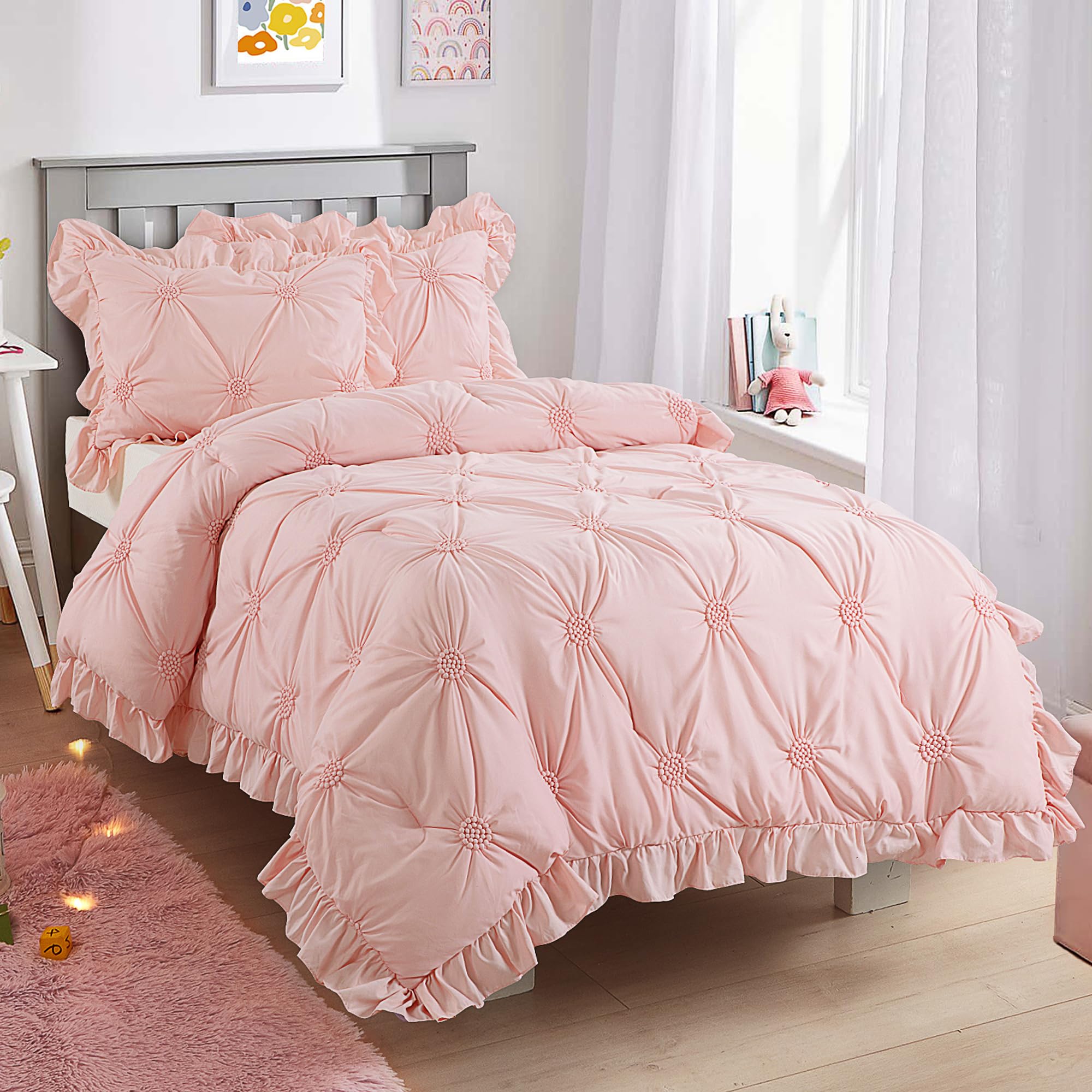 HOMBYS Pink Bedding Comforter Set for Girls, 3 Piece Blush Pinch Pleat Comforter Set with Ruffles for All Season,Twin Size