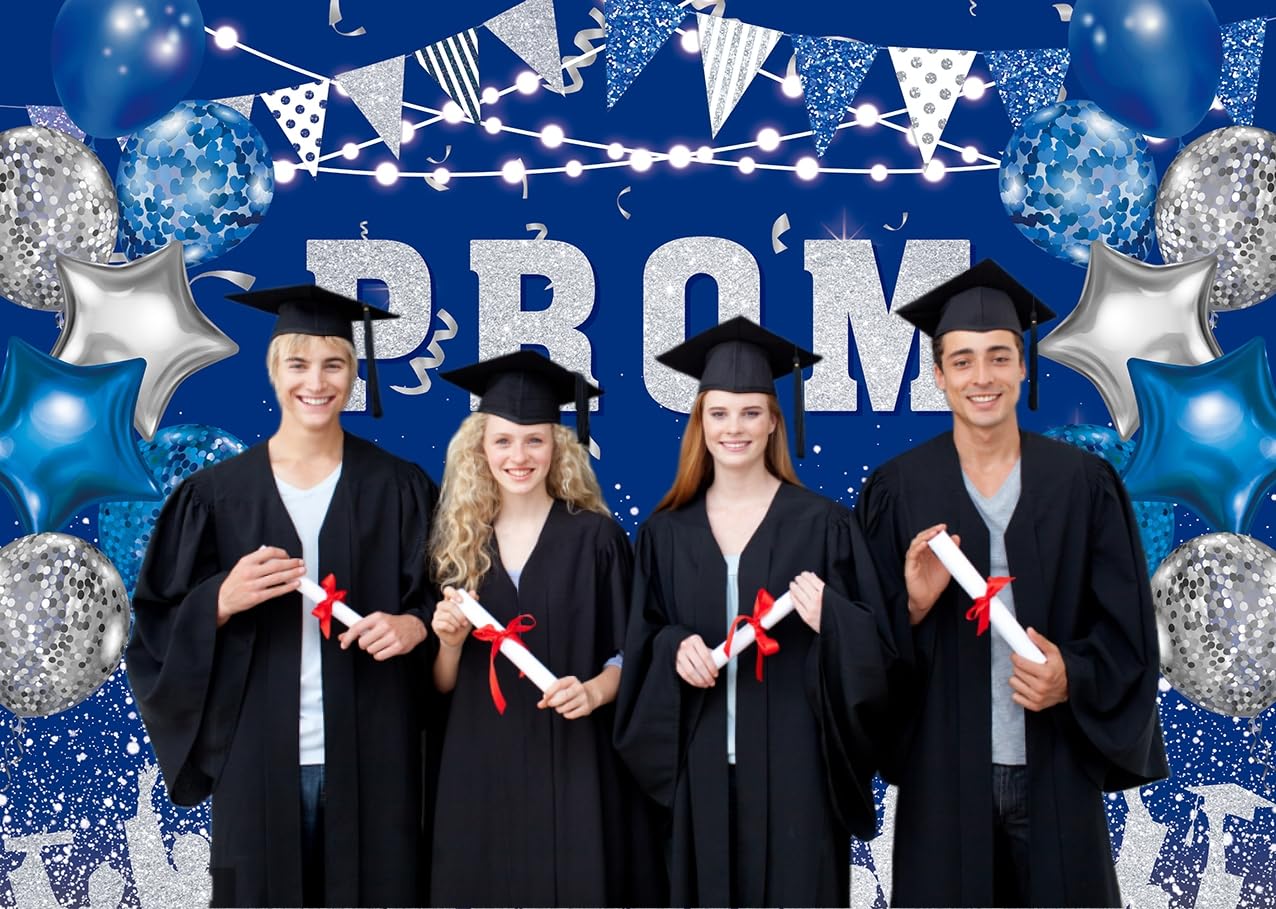 INRUI Prom 2024 Photography Background Blue and Silvery 2024 Prom Night Banner Glitter Balloons Flags Graduation Prom Party Decorations Backdrop (7x5FT)