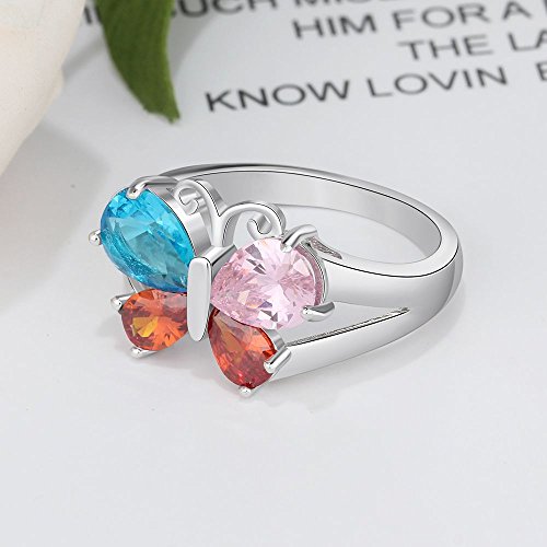 Ashleymade Personalized Engraved Name Rings for Mothers Day Rings with 4 Simulated Birthstones Promise Butterfly Ring for Women (Silver, 7)