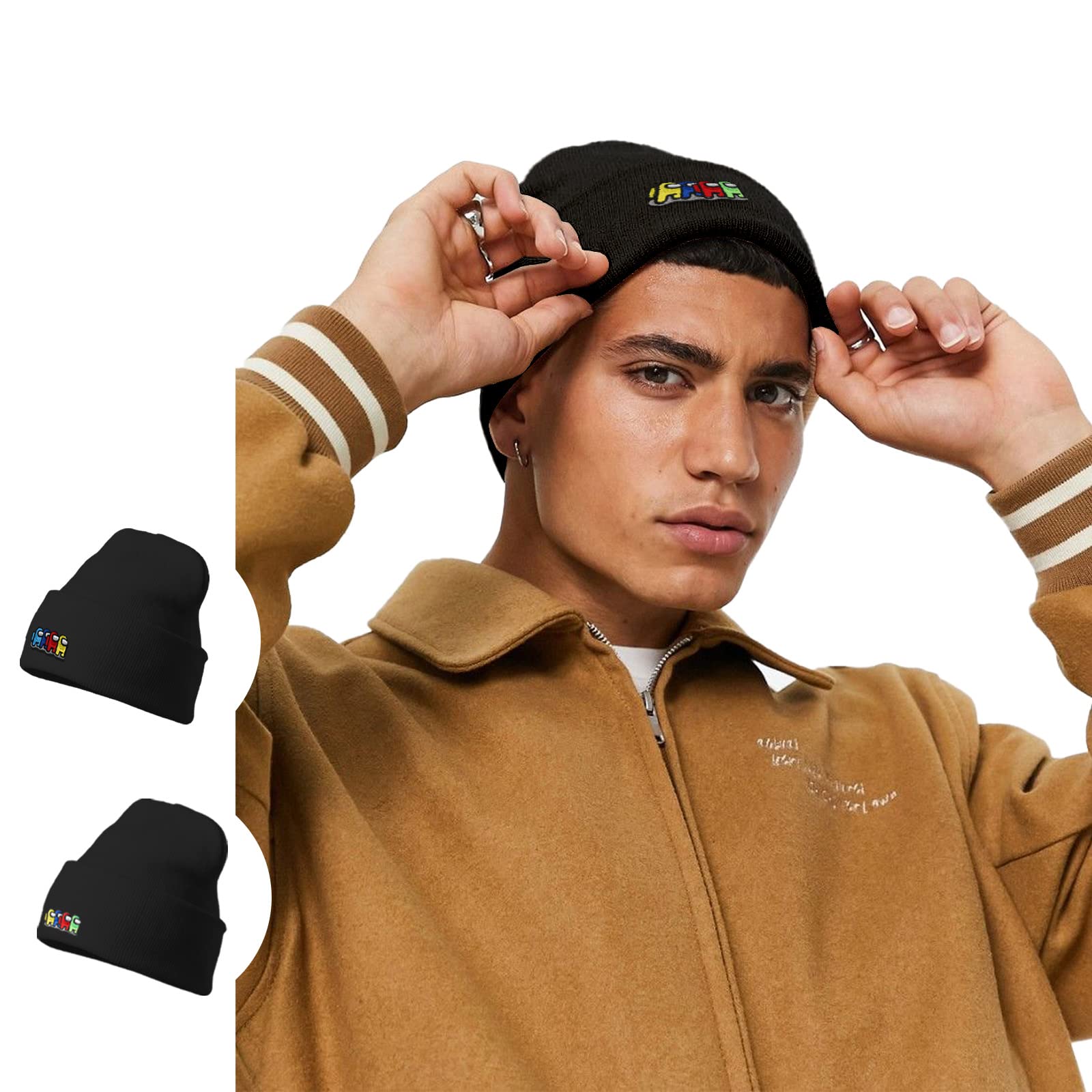 Black Funny Gamer Embroidered Beanie Hats for Men Women, Winter Warm Stretchable Slouchy Knit Cuffed Embroidery Skull Cap
