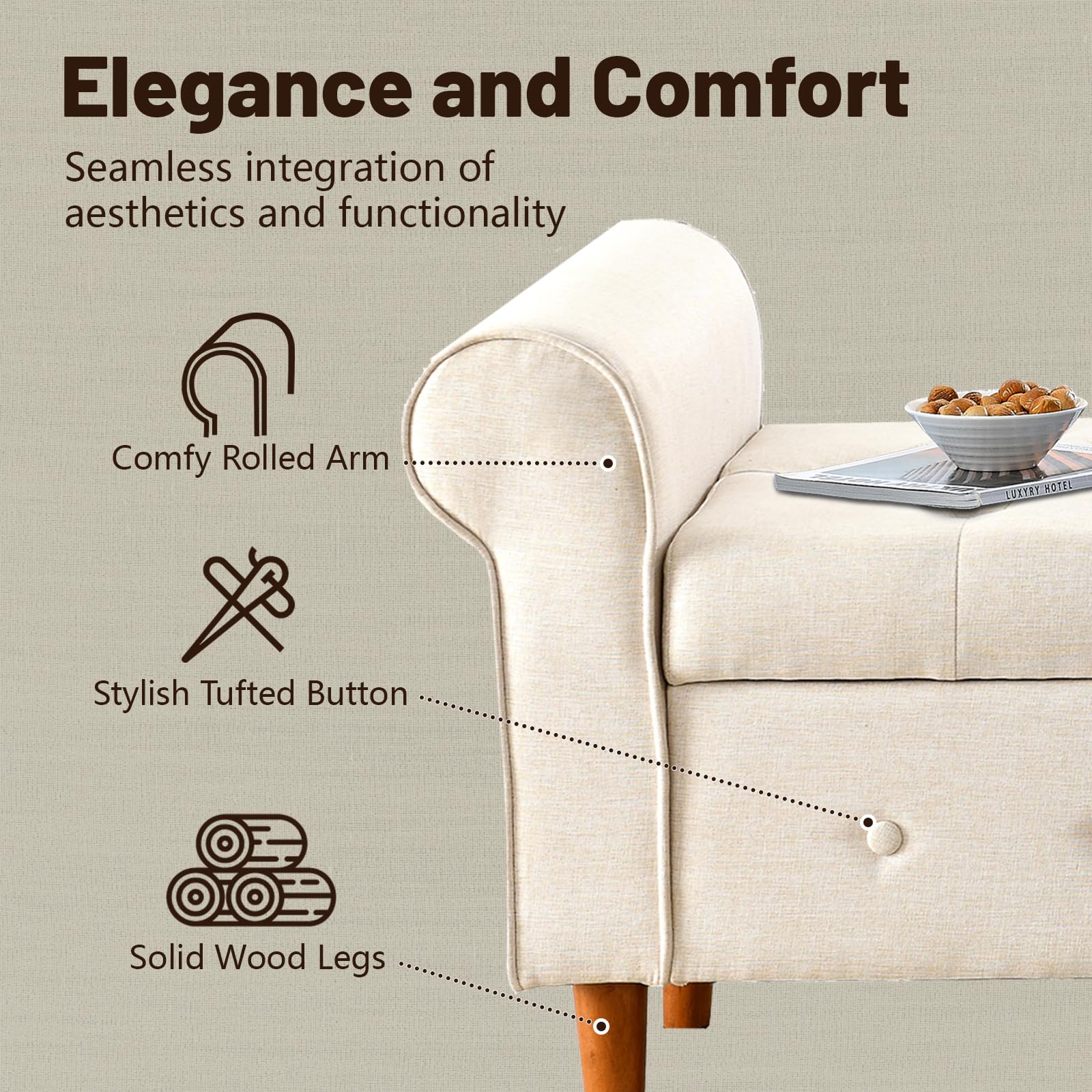 BAOMKONG Storage Ottoman Bench, 62" Comfy Upholstered End of Bed Bench with Rolled Armrest Button Tufted Storage Bench for Entryway Living Room Bedroom, Blue