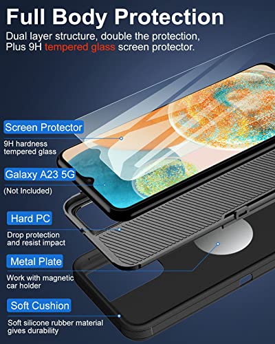 Dahkoiz Samsung Galaxy A23 5G/4G Phone Case, with Glass Screen Protector, Dust-Proof Port Cover, Magnetic Car Mount Support, Full Body Silicone Rubber Protection, Black/Black