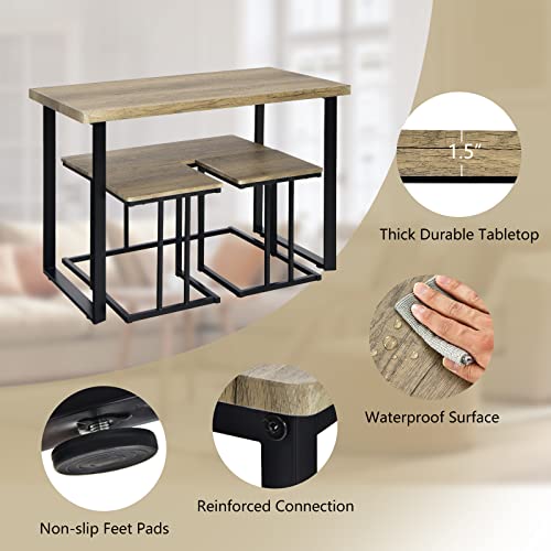 COSTWAY 4 Piece Dining Table Set, Modern Counter Height Kitchen Table Set for 4 w/Bench & 2 Stools, Sturdy Iron Structure, Space-Saving Dining Table and Chair Set for Home Pub Breakfast, Oak Grey
