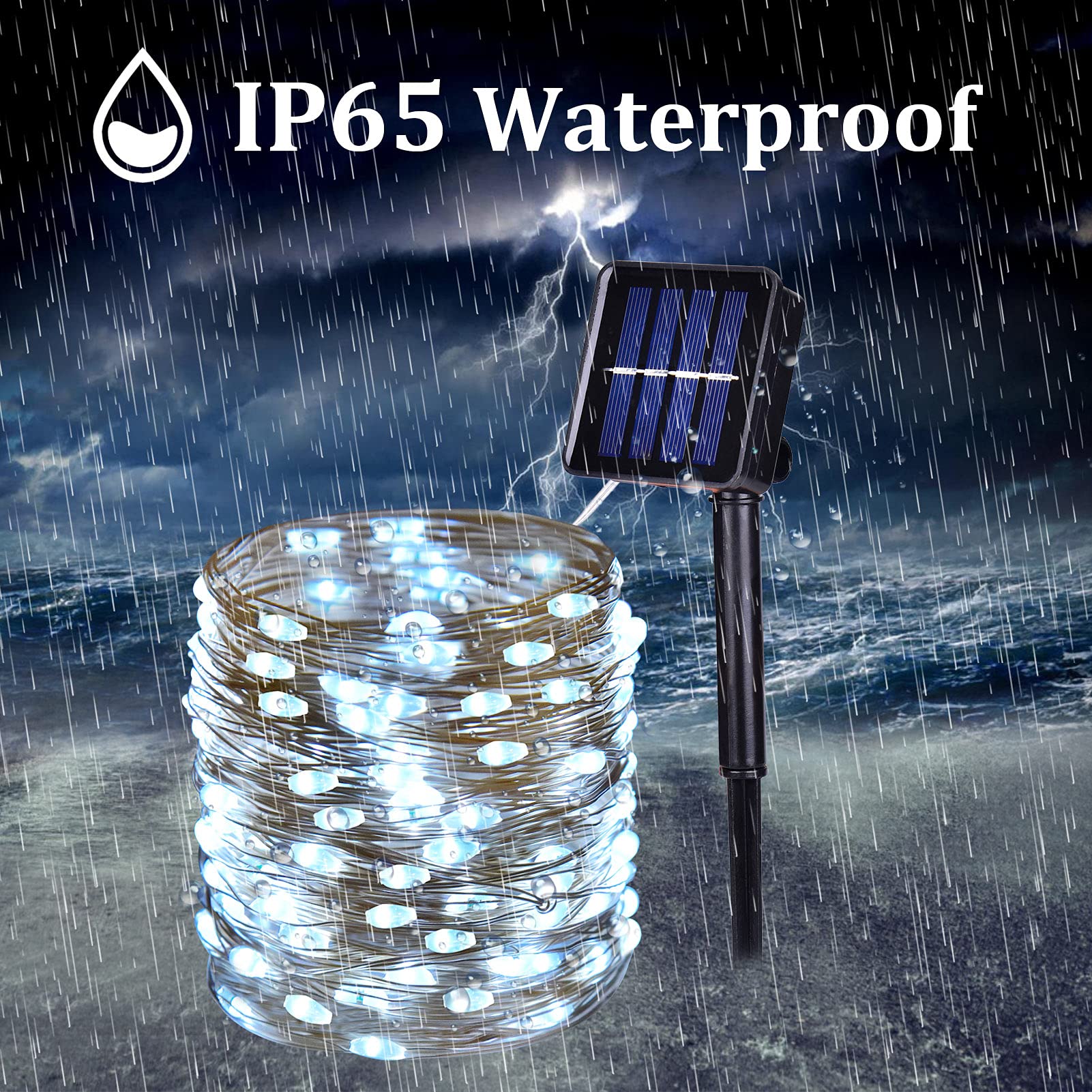 JPSR Solar String Lights Outdoor Halloween Decorations Waterproof 100-LED Copper Wire Fairy Lights 8 Modes, Twinkling Lights String for Bedroom Patio Garden Tree Party & Holiday Decor (2-Pack, White)