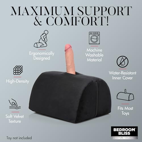 BEDROOM BLISS Love Toy Cushion for Men, Women & Couples. Great for Sexual Positioning & Deep Penetration, Saddle-style Mount with Toy Pocket. High-Density Foam. Easy to Clean Covers. 1 Piece, Black