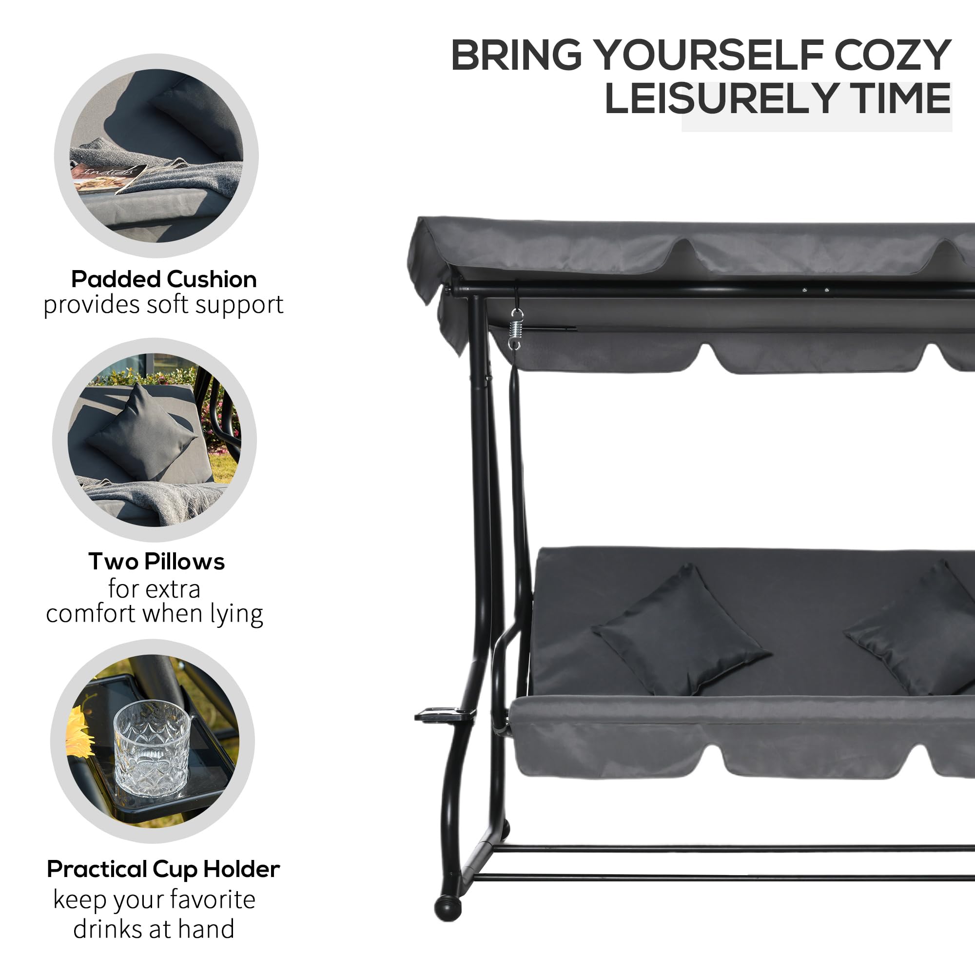 Outsunny 3-Seat Outdoor Patio Swing Chair, Converting Flatbed, Outdoor Swing Glider with Adjustable Canopy, Removable Cushion and Pillows, for Porch, Garden, Poolside, Backyard, Gray