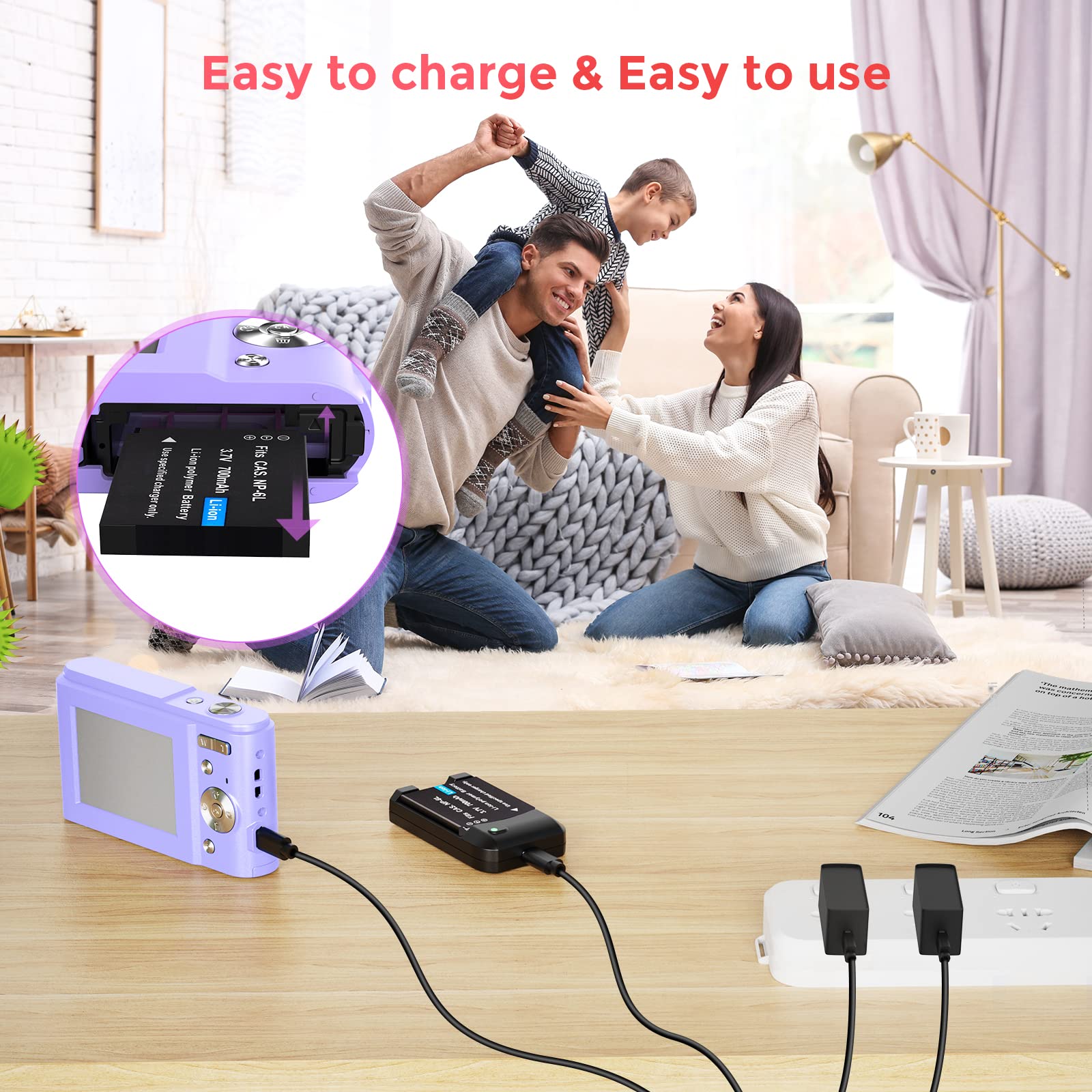 Digital Camera, RUAHETIL FHD 1080P 36MP 2.4 Inch LCD Vlogging Camera for Kids, 16X Zoom 2 Charging Modes Kids Compact Camera Point and Shoot Camera for Kids Teens Students Beginners(Purple)