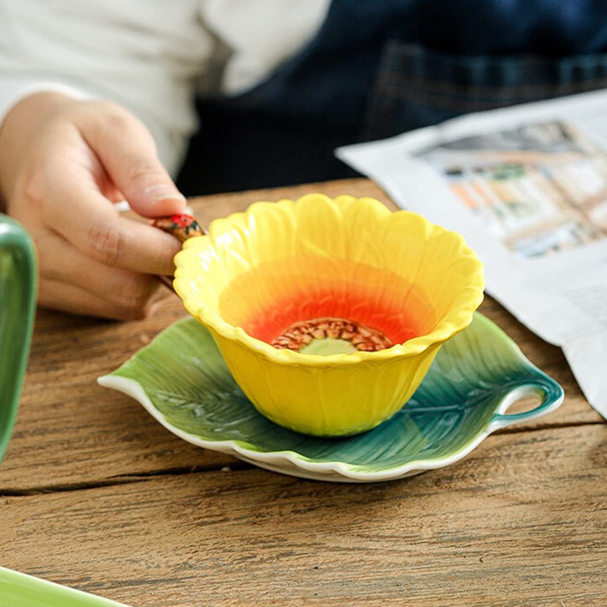 Beddinginn Colorful Tea Cups and Saucers, Sunflower Coffee Cup and Saucer Set with Spoon, China Hand Crafted Tea Set (Yellow)