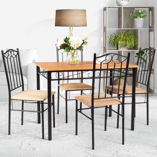 Tangkula 5 Piece Dining Table Set, Vintage Wood Top Padded Seat Dining Table and Chairs Set, Home Kitchen Dining Room Furniture