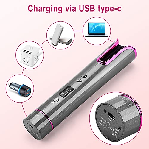 BlumWay Cordless Auto Hair Curler, Automatic Curling Iron with LCD Display Adjustable Temperature & Timer,Rechargeable & Portable Curling Wand for Travel,Magic Styling Tools(Purple)