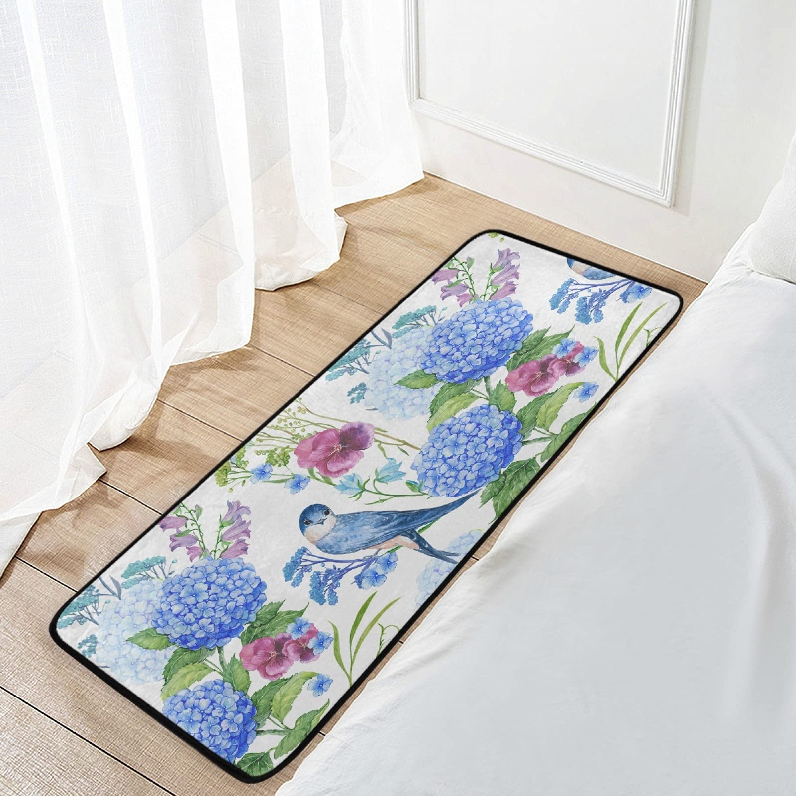 Bird with Blue Hydrangea Kitchen Rug 39 X 20 inch Non Skid Washable Throw Rugs for Kitchen Floor Sink Entryway Rugs Runner