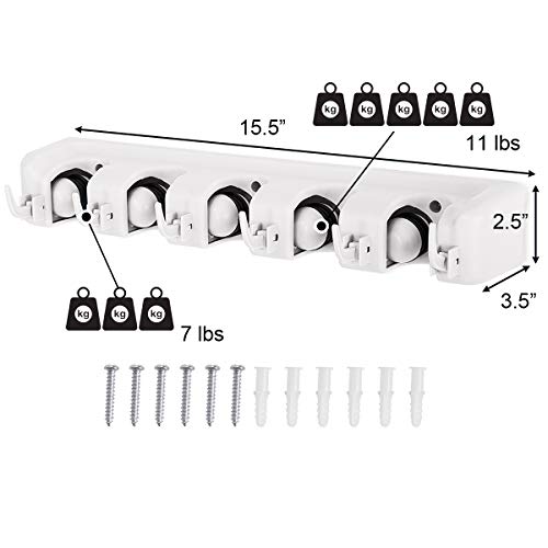 Tangkula Wall Mount Mop Broom Holder, Hanging Broom Organizer w/ 5 Slots & 6 Hooks, Home Storage Organizer Rack, Hanging Utility Rack for Home, Kitchen, Garage, Laundry (White)