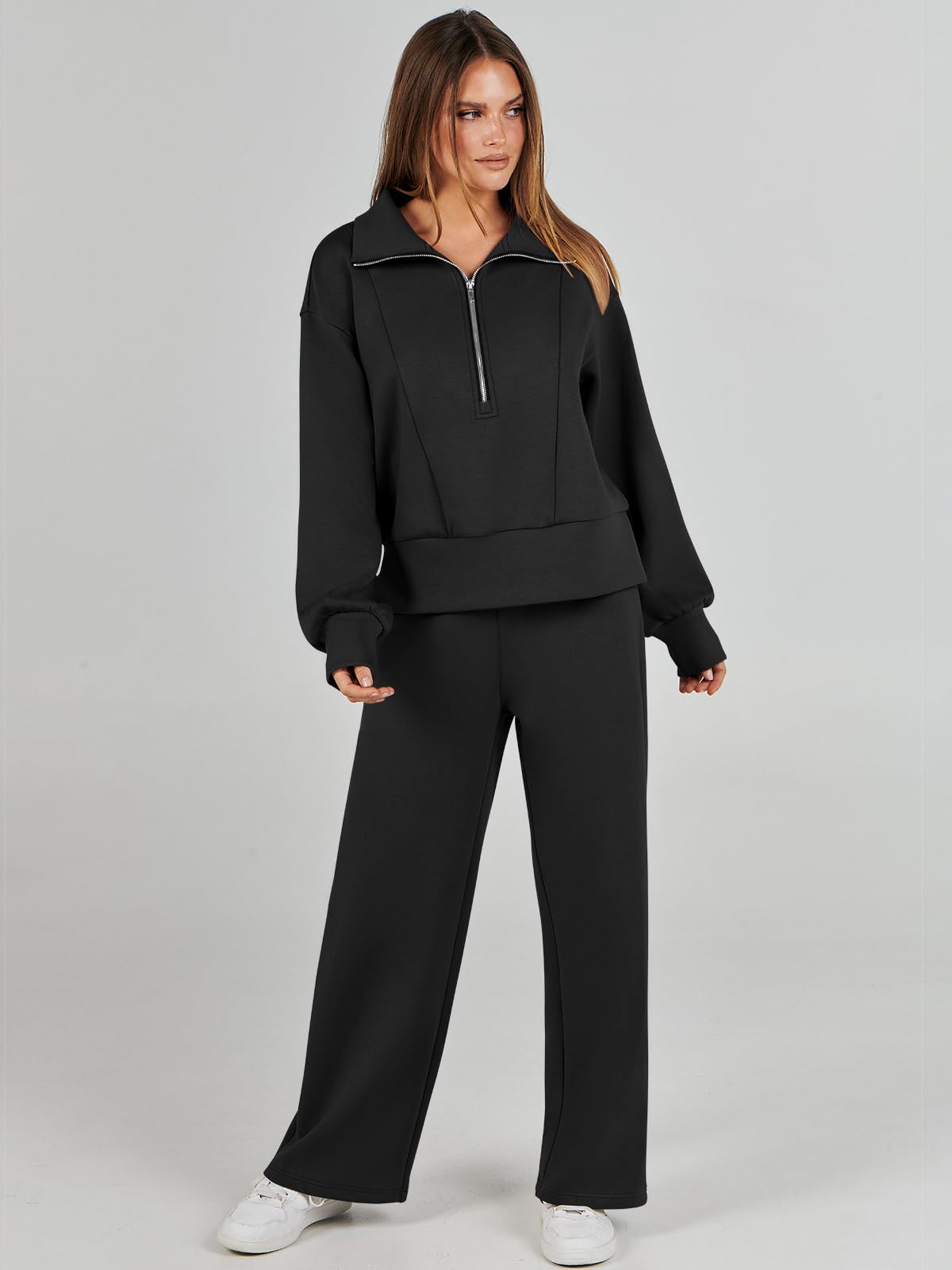 ANRABESS Womens Two Piece Outfits 2024 Fall Sweatsuit Set Half Zip Cropped Sweatshirt Wide Leg Sweatpant Lounge Set Black Medium