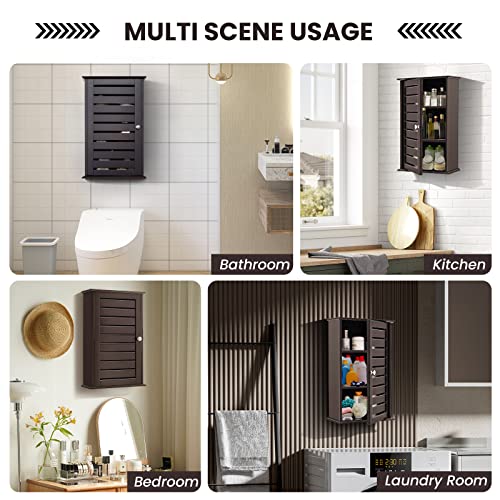 COSTWAY Wall Mounted Bathroom Cabinet, Wooden Storage Cabinet with 2 Adjustable Shelves and Reversible Door, Versatile Hanging Medicine Cabinet for Living Room, Kitchen, Entryway (Brown)