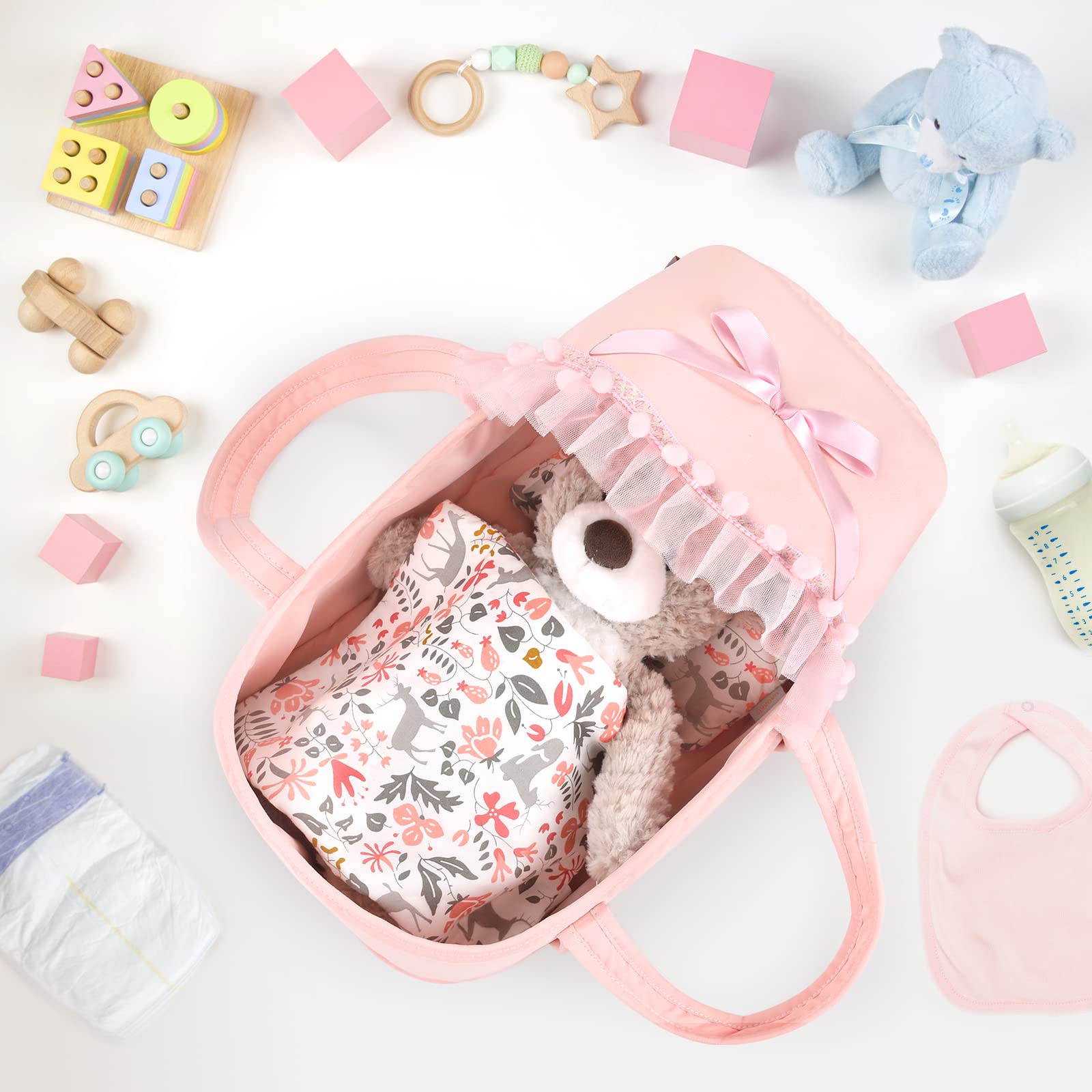 GAGAKU Baby Doll Bassinet, Doll Carrier Doll Carry Cot Set with Canopy and Pillow Blanket for 9 10 11 12 Inch Dolls Stuffed Animals - Pink