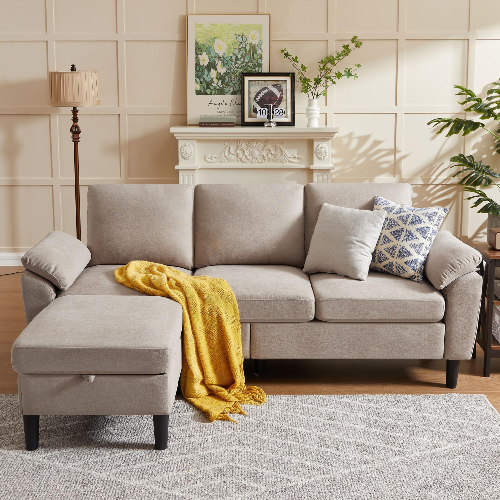 Chireca 80" Convertible Sectional Sofa, Small L Shaped 3 Seat Couch with Reversible Storage Chaise, Modern Polyester Fabric Sofa Couches for Living Room, Apartment and Small Space, Beige