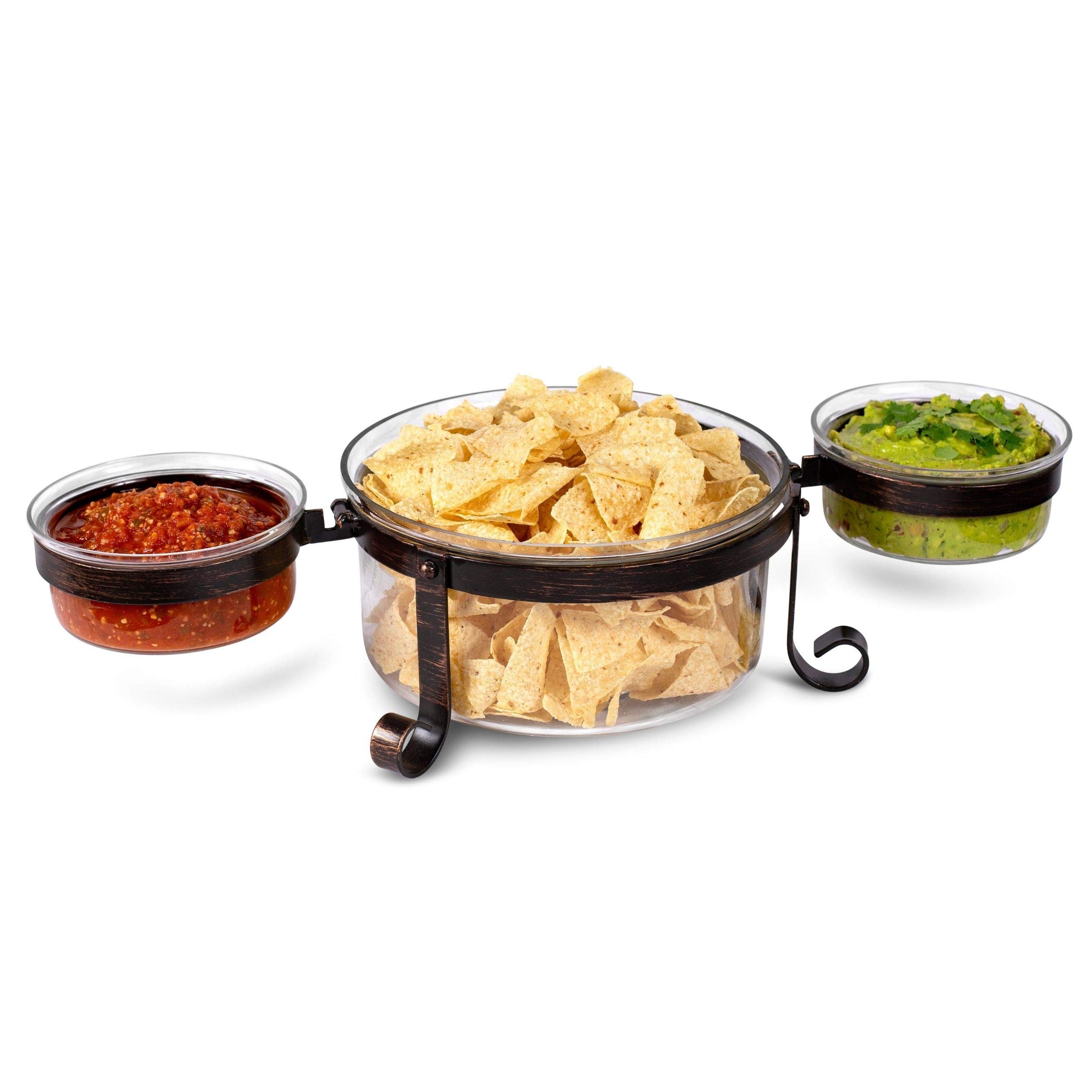 BIRDROCK HOME Chip and Dip Serving Bowl Set - Triple Glass Bowls with Metal Frame - Salsa Appetizer Party Serveware - Veggie, Shrimp, Guacamole, Chips and Taco Platter - Party Size - Compact Storage