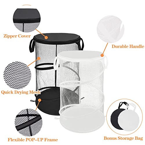 Collapsible Round Popup Laundry Hamper with Lid 2PCS Set, White & Black Foldable Mesh Laundry Basket with Reinforced Carry Handles Solid Bottom, Large Double Clothes Hamper for College Dorm Travel