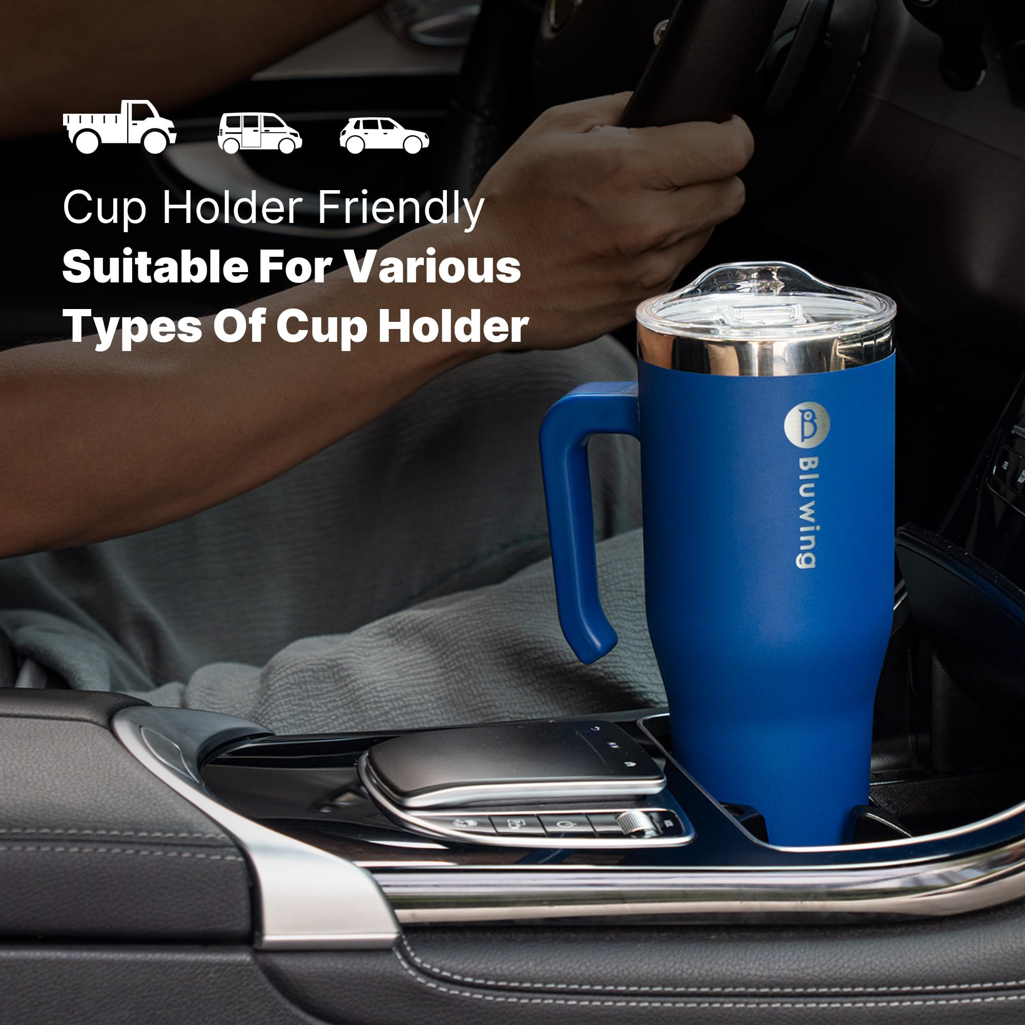 Bluwing 40 oz Tumbler with Handle and Straw-Stainless Steel Double Wall Insulated Tumbler with Leak Proof Lid, Vacuum Travel Ice Coffee Mug Cup(Navy)