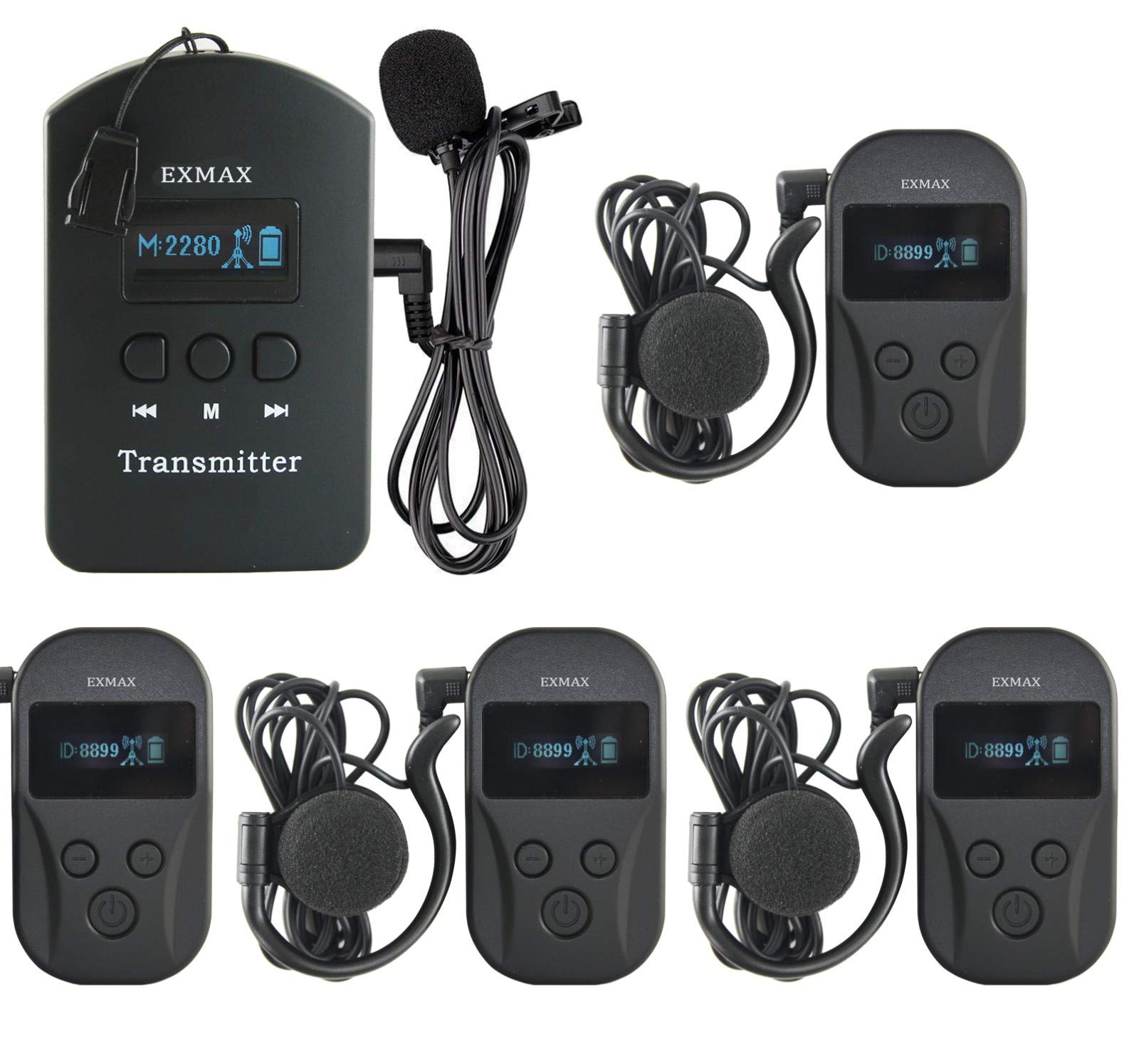 EXMAX EXD-101 2.4GHz Professional Wireless Tour Guide System with 9999 Available Channels to Work for the Reception of VIPs Visited the Factory,Seminars or Exhibitions(1 Transmitter & 4 Receivers)