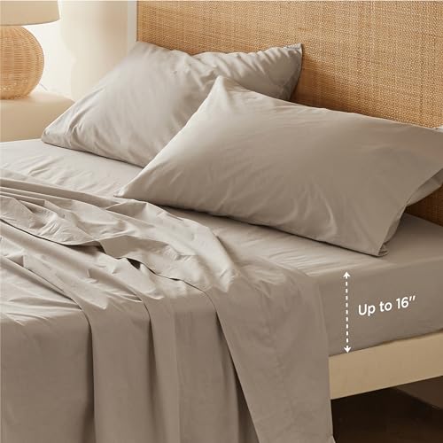 Bedsure 100% Cotton Sheets Full Size - 4 Pieces Washed Cotton Linen Textured, Soft Percale Sheets, Breathable Cooling Full Size Sheet with Deep Pocket Up to 16", Cotton Bed Sheets & Pillowcases