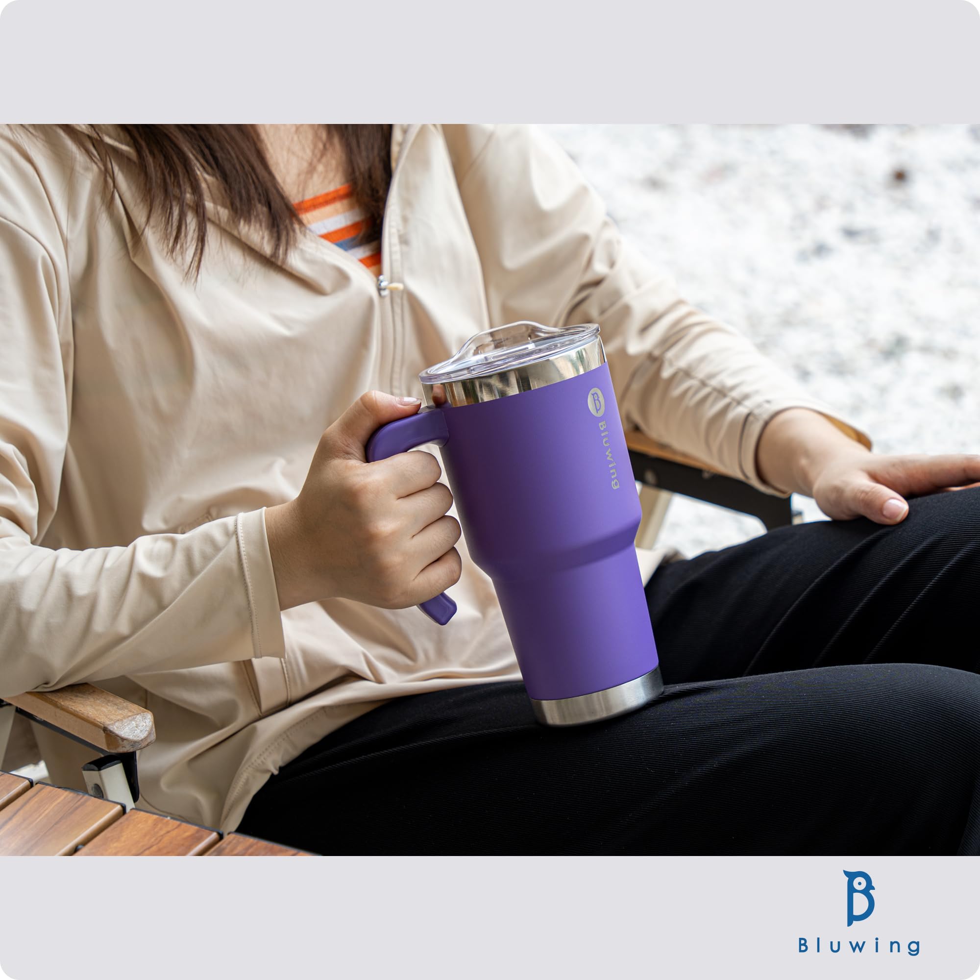 Bluwing Stainless Steel Coffee Tumbler with Handle, 30 oz Double Wall Vacuum Insulated Water Tumbler with Spill Proof Lid for Travel(Purple)