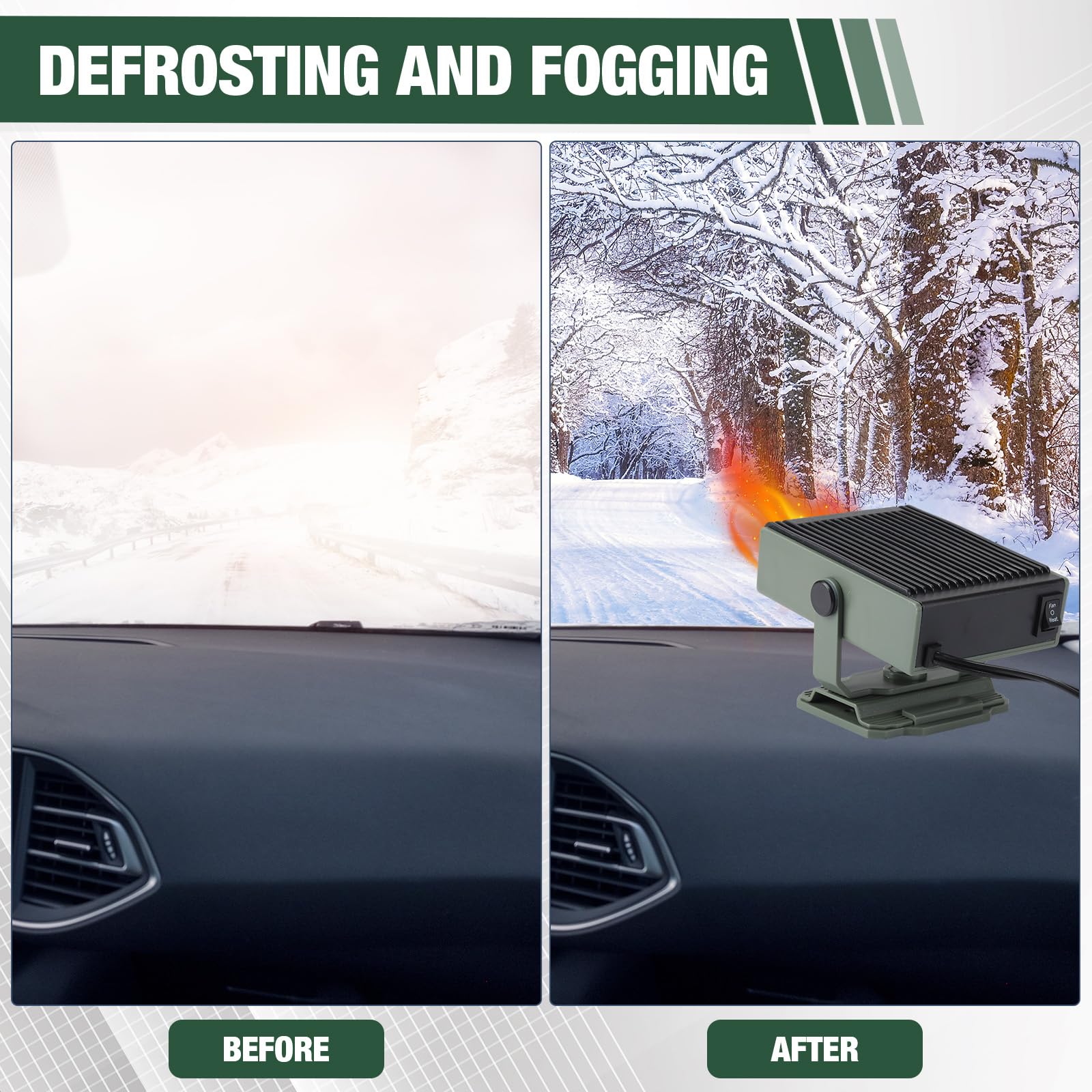 Baquler 12V 150W Portable Car Heater Windshield Defogger 2 In 1 Windshield Defroster Rotatable Fast Heating and Cooling Fan Automotive Windscreen Demister with 360 Degree Rotary Base(Dark Green)