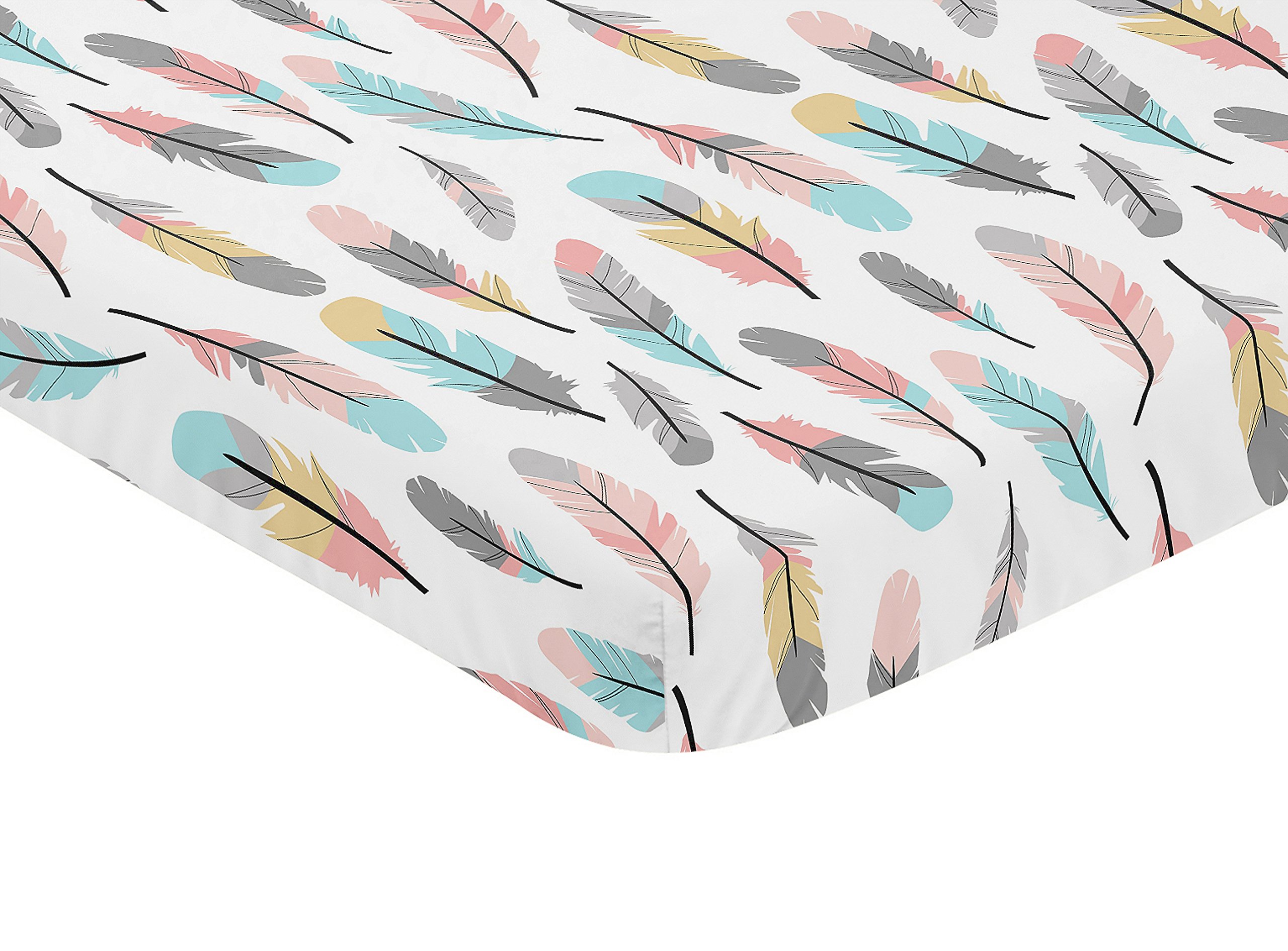 Sweet Jojo Designs Coral and Turquoise Baby Girl Fitted Mini Portable Crib Sheet for Feather Collection - for Mini Crib or Pack and Play ONLY