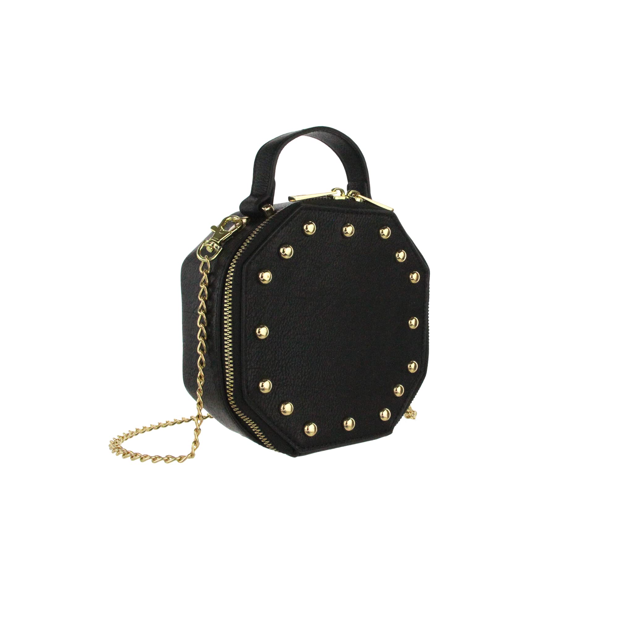 Olivia Miller Women's Fashion PU Leather Mini Octagon Crossbody Shoulder Handbag w Gold Stud Accent n Zipper, Casual Evening Purse