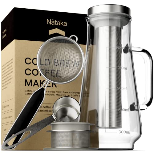 𝗪𝗜𝗡𝗡𝗘𝗥 𝟮𝟬𝟮𝟯* Cold Brew Coffee Maker - Iced Coffee Maker, Cold Brew Pitcher, Cold Brew Maker, Ice Coffee Maker w/ Coffee Scoop & Tea Filter, Thick Glass, Airtight, Leak Proof & BPA Free, 1.4L