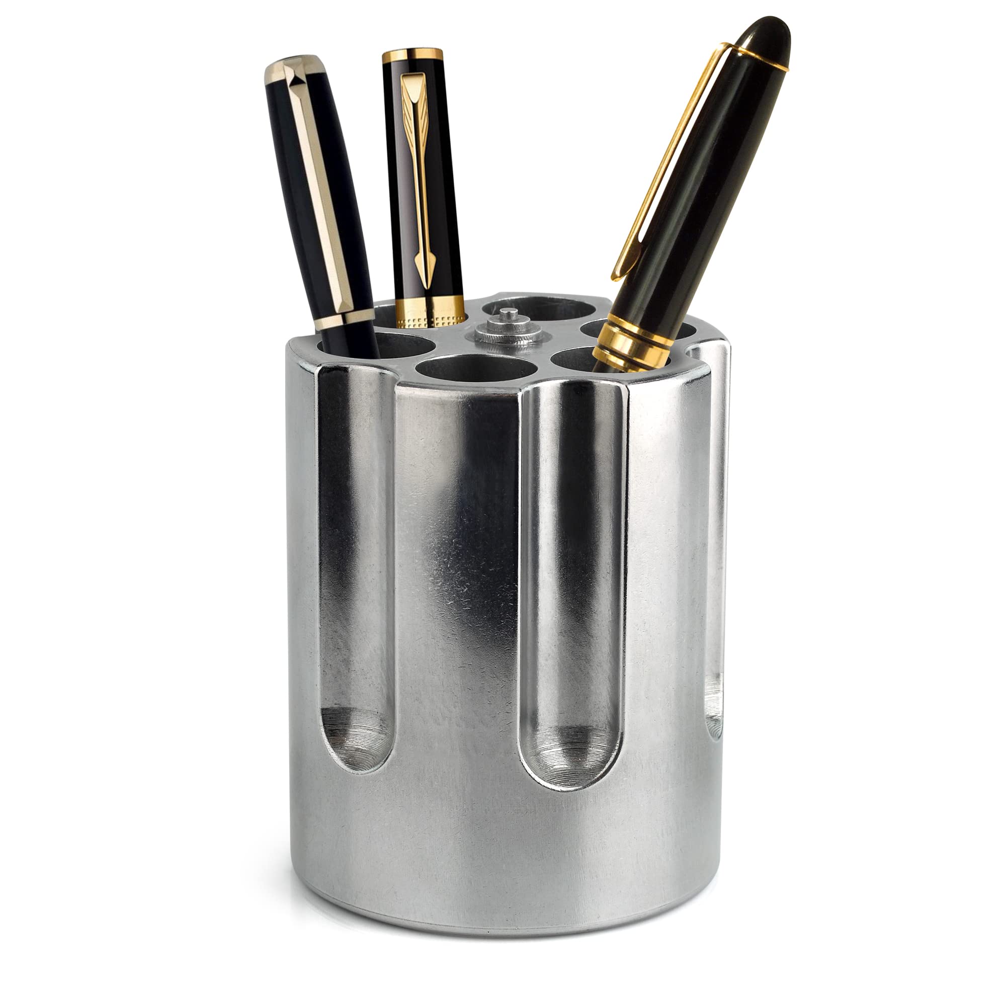Barbuzzo Gun Cylinder Pen Holder & Paper Weight, Silver- Lock & Load Your Favorite Pens and Pencils at your Office Desk - The Perfect Office Accessory & Gift - Made Out of Heavy Duty Cast Aluminum