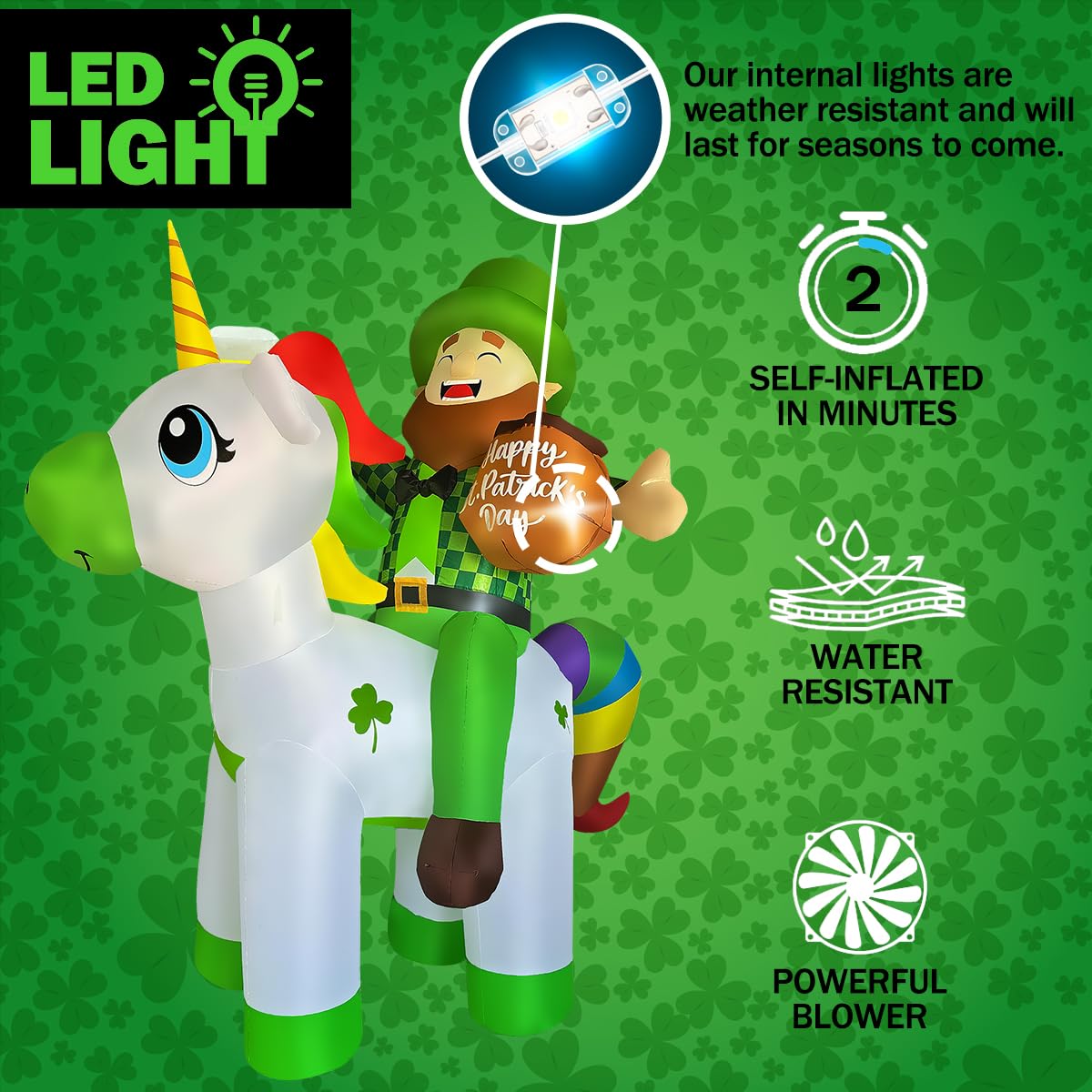BLOWOUT FUN 6ft Inflatable St Patricks Day Leprechaun Riding Unicorn Decoration LED Blow Up Lighted Decor Indoor Outdoor Holiday Art Decor