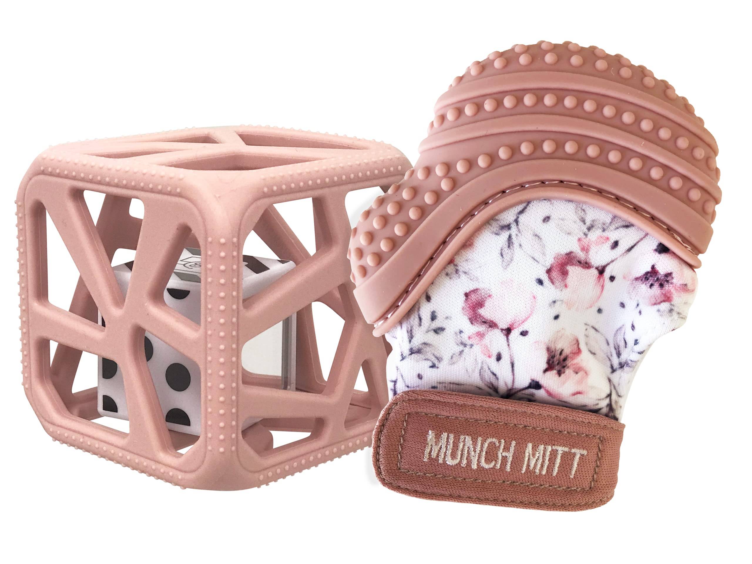 Malarkey Kids Munch Mitt and Chew Cube 2-Pack | Baby Teething Mitten Protects Hands from Chewing & Saliva, Heals Aching Gums, Promotes Sound & Visual Stimulation for Babies (Mauve and Spring Flower)