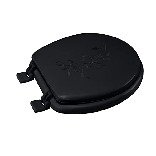 Bath Bliss Extra Soft Standard Round Toilet Seat | Decorative Vinyl Lid | Fits 16.5β Seats | Adjustable Quick Screw Attach Non-Slip Hinges | Bathroom | Black