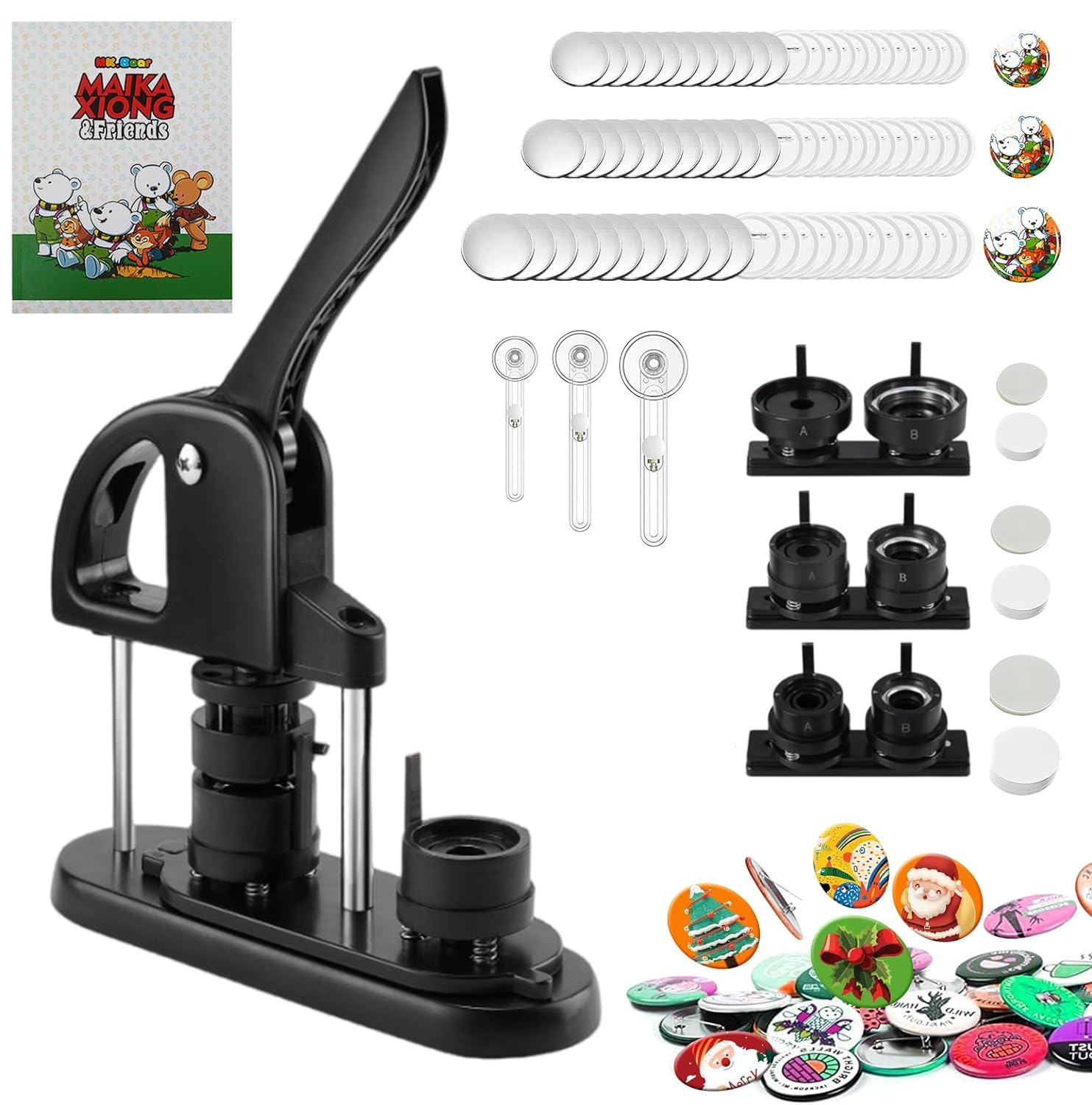 Aiment 1+1.25+2.25 inch Button Maker Machine - Free Button Badge Maker Press with 600Pcs Button Parts for Festival Gift (Black, 25/32/58mm)